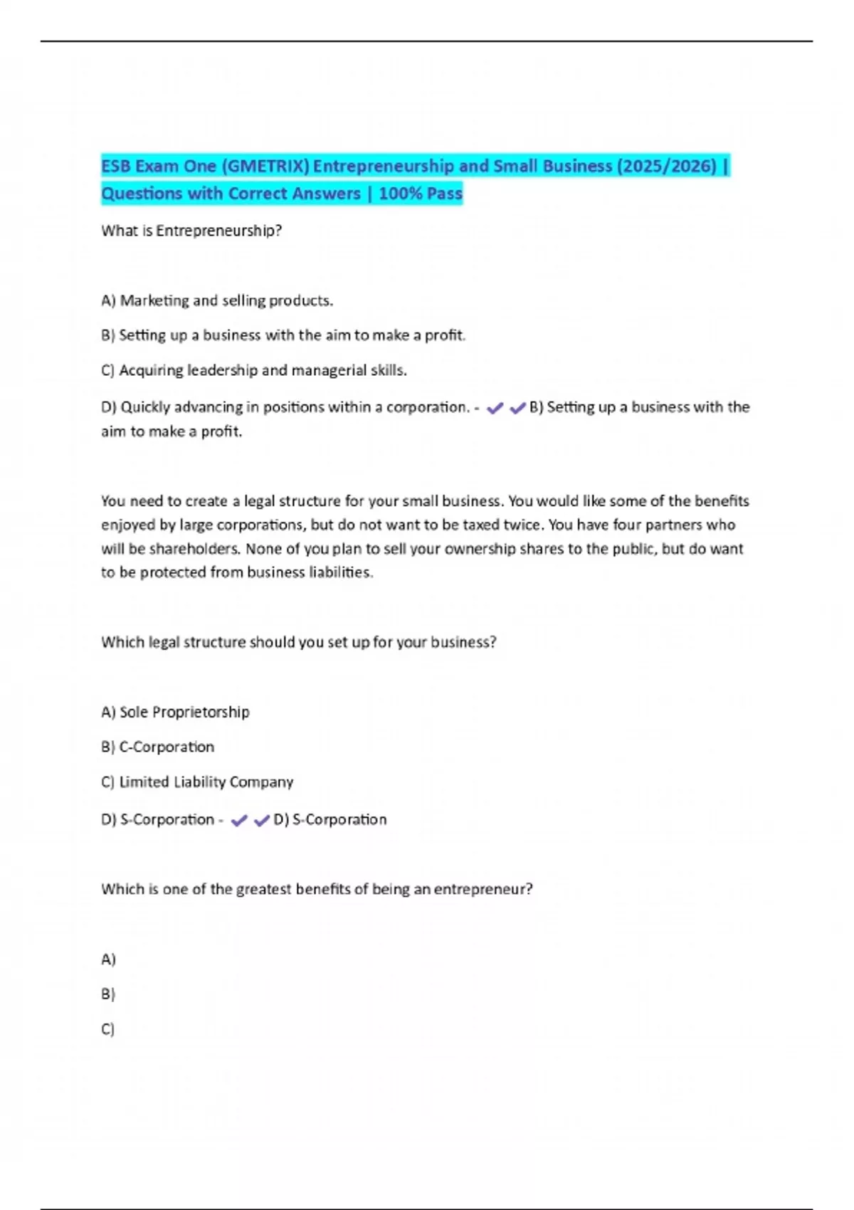 ESB Exam One (GMETRIX) Entrepreneurship and Small Business (2025/2026 ...