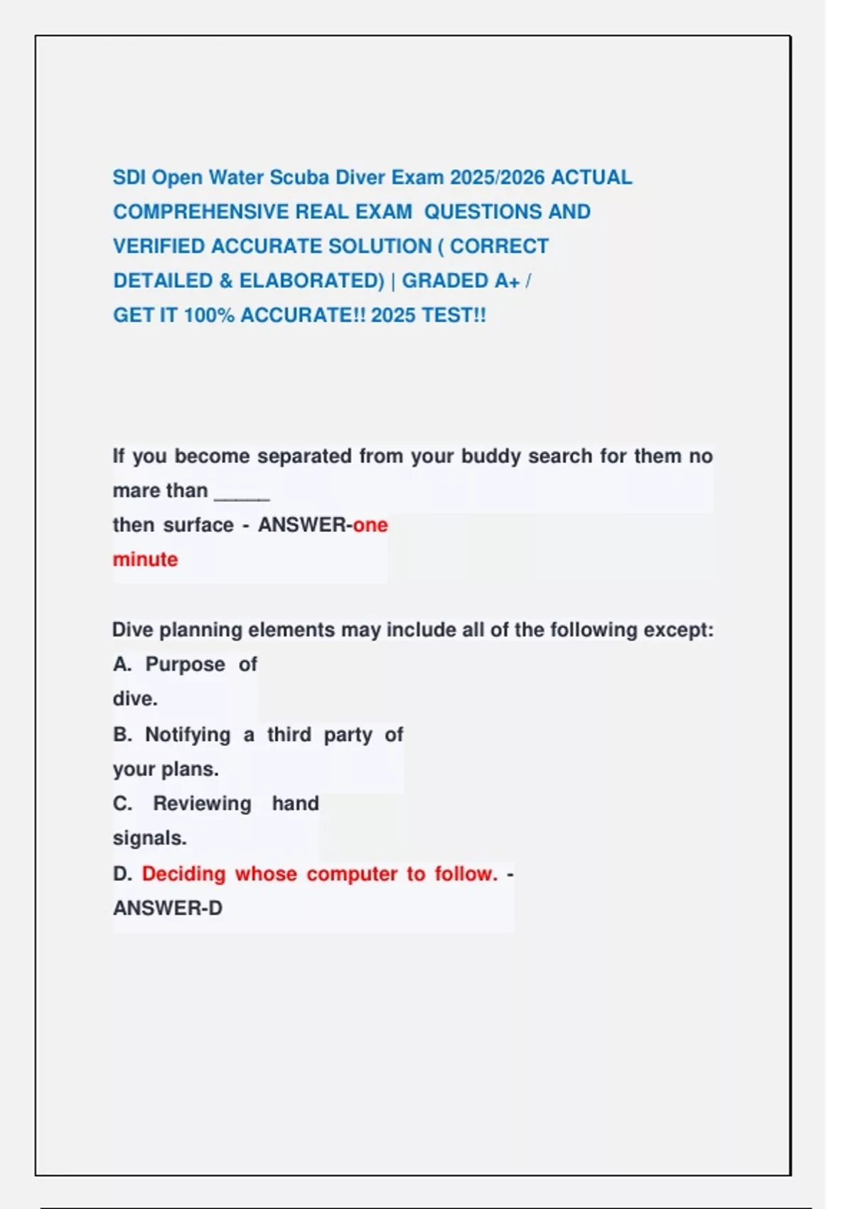 SDI Open Water Scuba Diver Exam 2025/2026 ACTUAL COMPREHENSIVE REAL ...