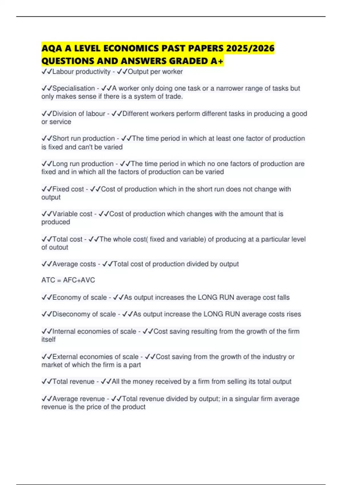AQA A LEVEL ECONOMICS PAST PAPERS 2025/2026 QUESTIONS AND ANSWERS ...
