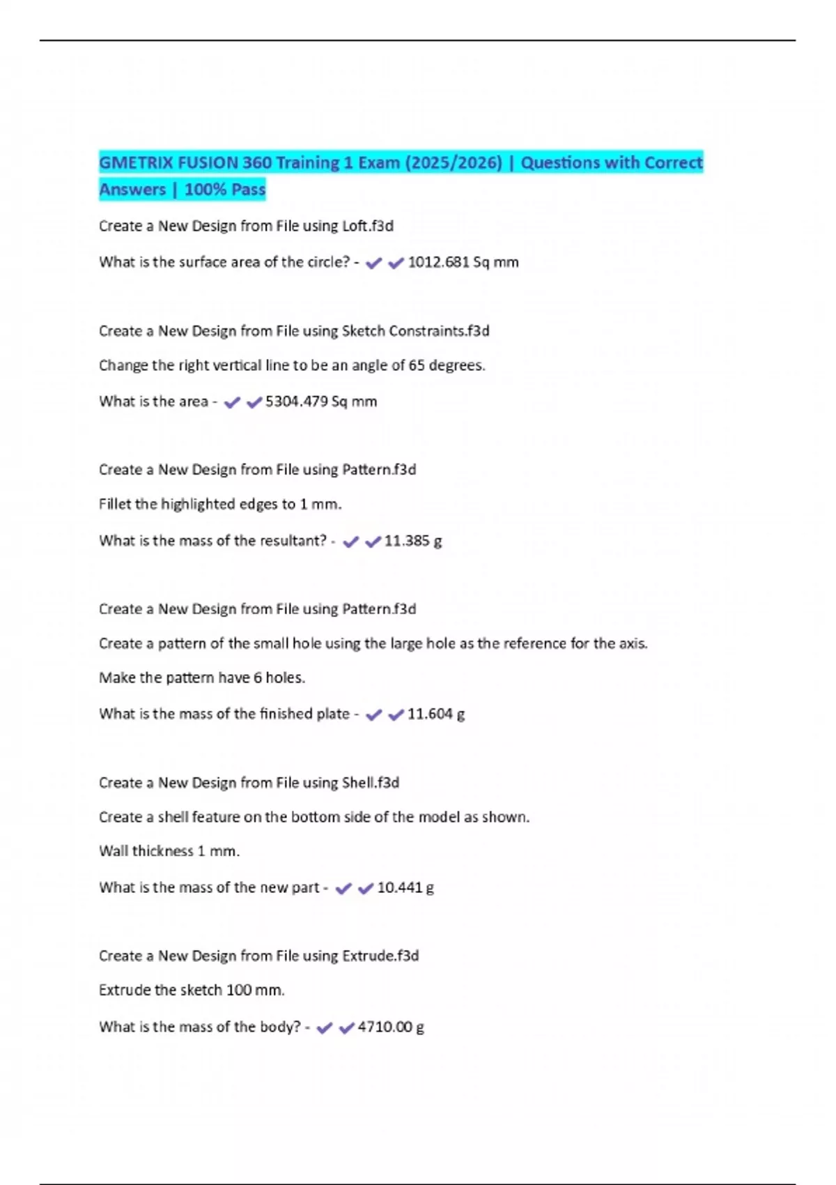 GMETRIX FUSION 360 Training 1 Exam (2025/2026) | Questions with Correct ...