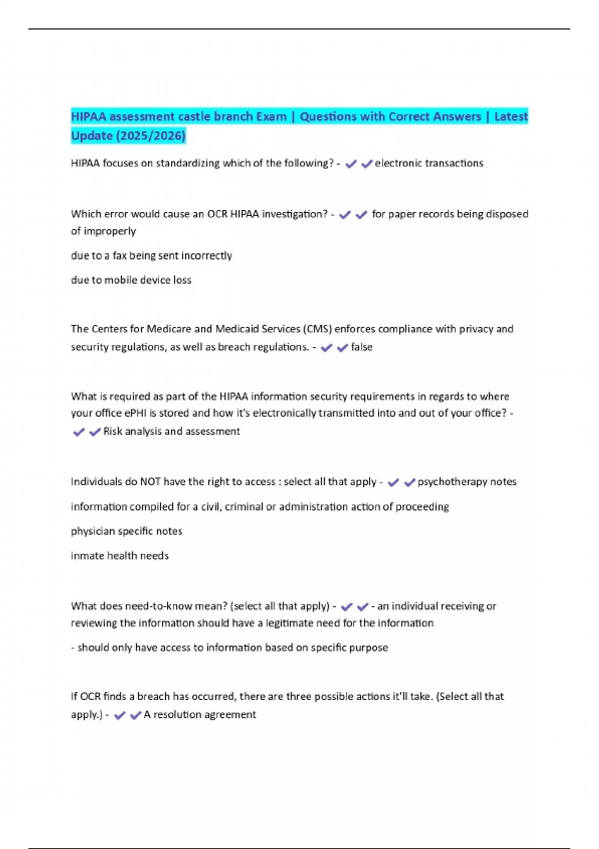 HIPAA assessment castle branch Exam | Questions with Correct Answers ...