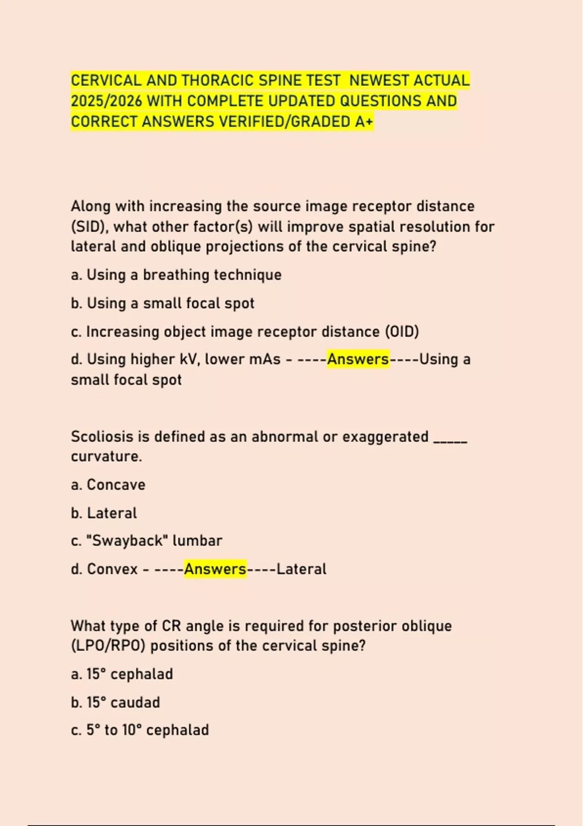 CERVICAL AND THORACIC SPINE TEST NEWEST ACTUAL 2025/2026 WITH COMPLETE ...