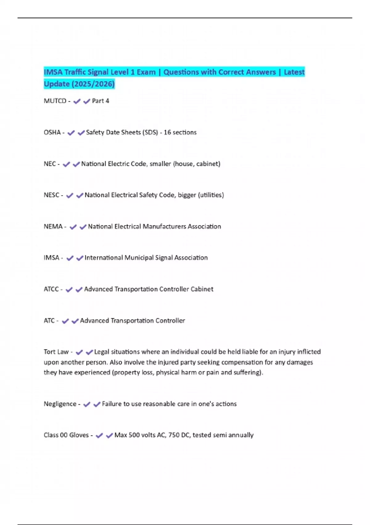 IMSA Traffic Signal Level 1 Exam | Questions with Correct Answers ...