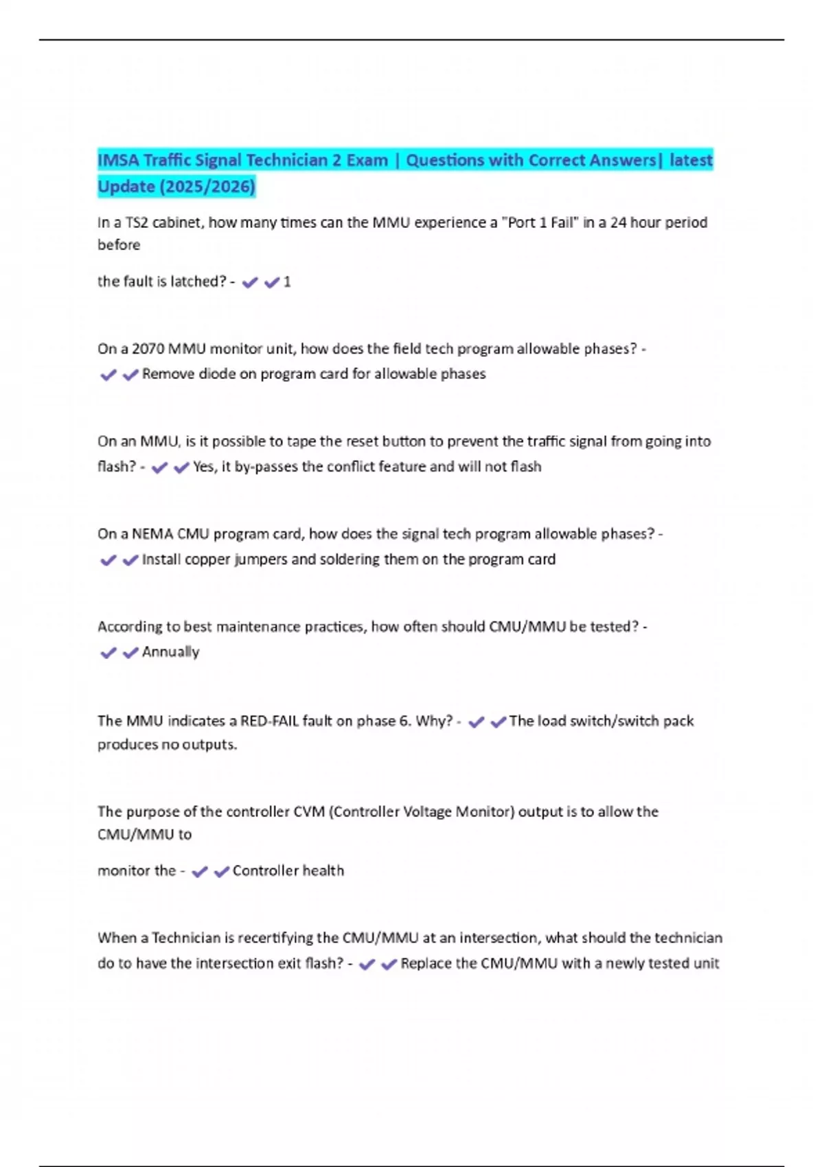 IMSA Traffic Signal Technician 2 Exam | Questions with Correct Answers ...