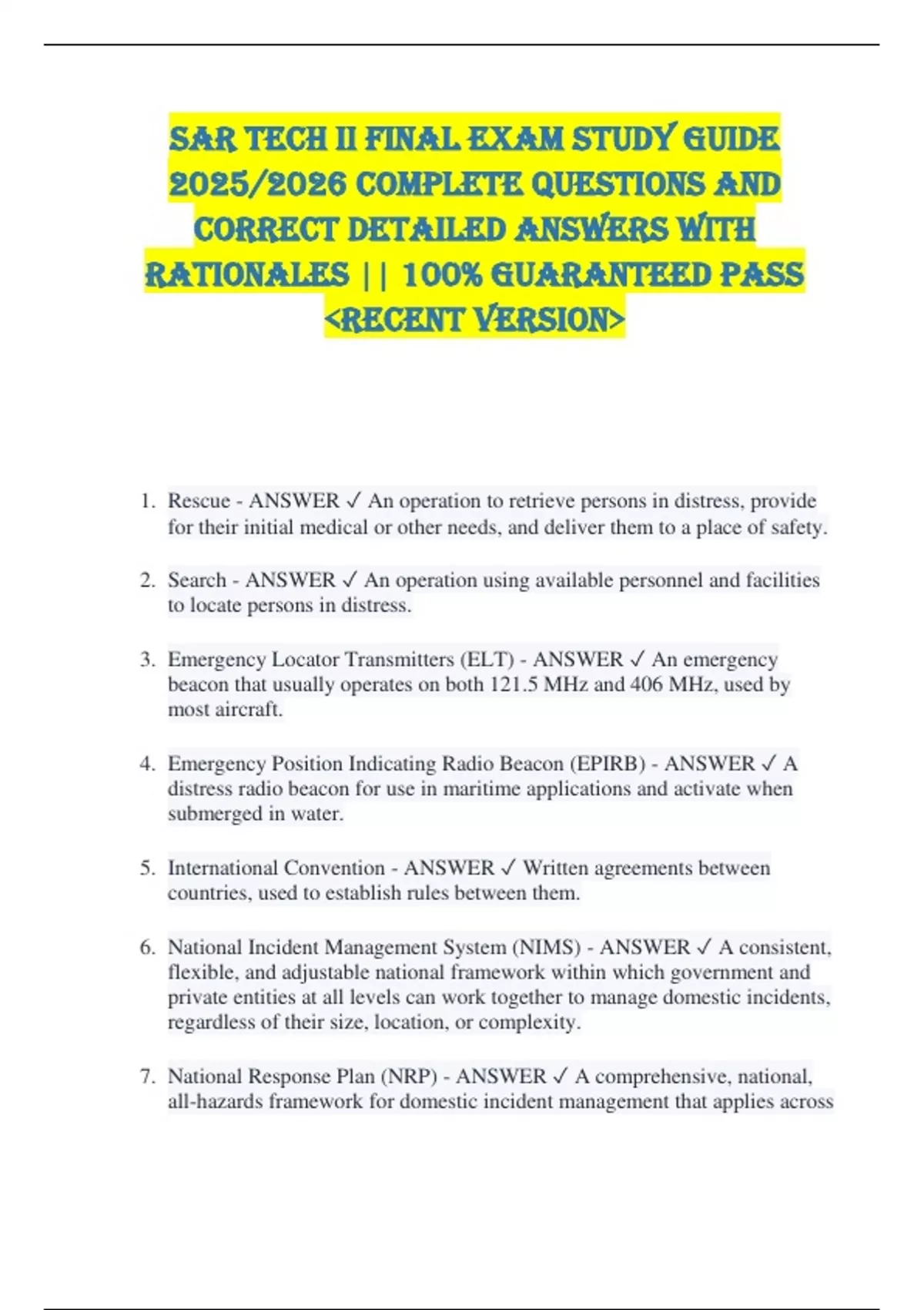 SAR Tech II FINAL EXAM STUDY GUIDE 2025/2026 COMPLETE QUESTIONS AND ...