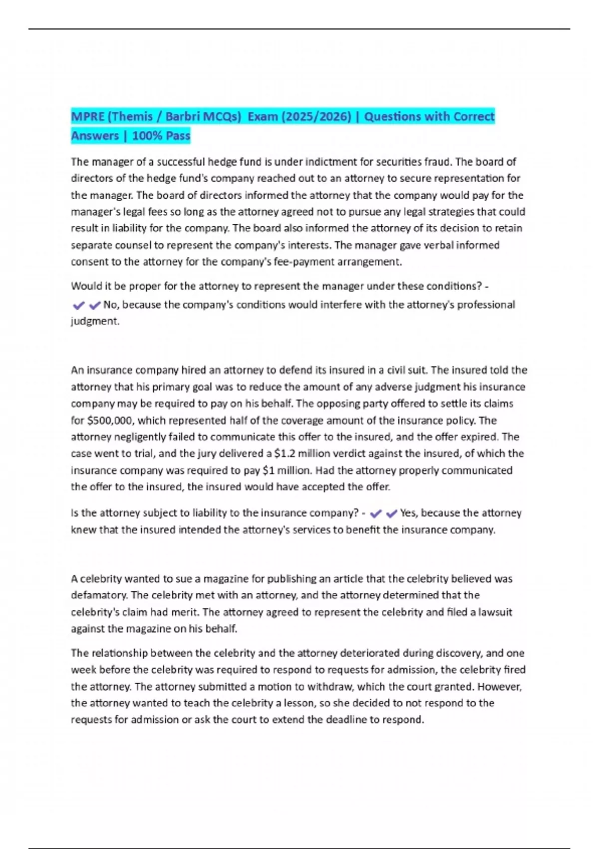 MPRE (Themis / Barbri MCQs) Exam (2025/2026) | Questions with Correct ...