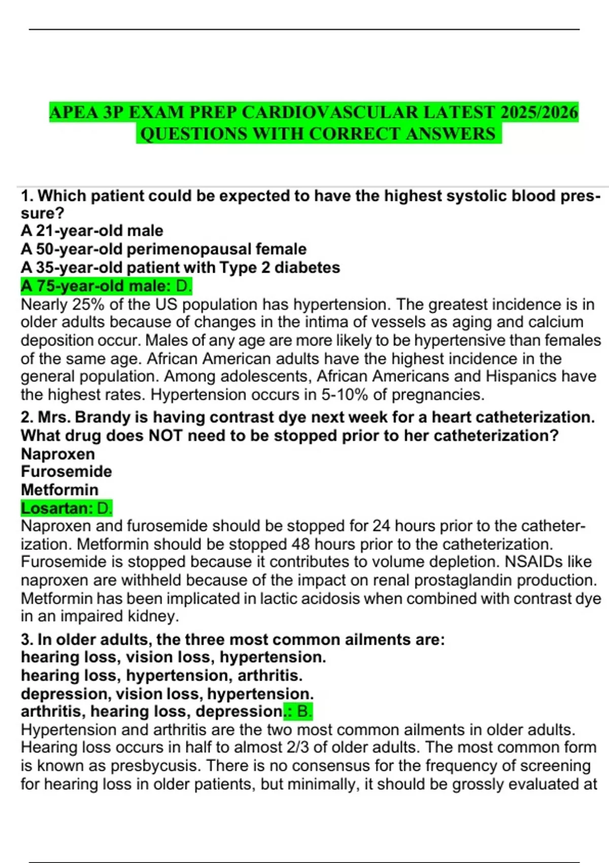 APEA 3P Exam Prep – Cardiovascular Section (Latest 2025/2026) – Updated ...