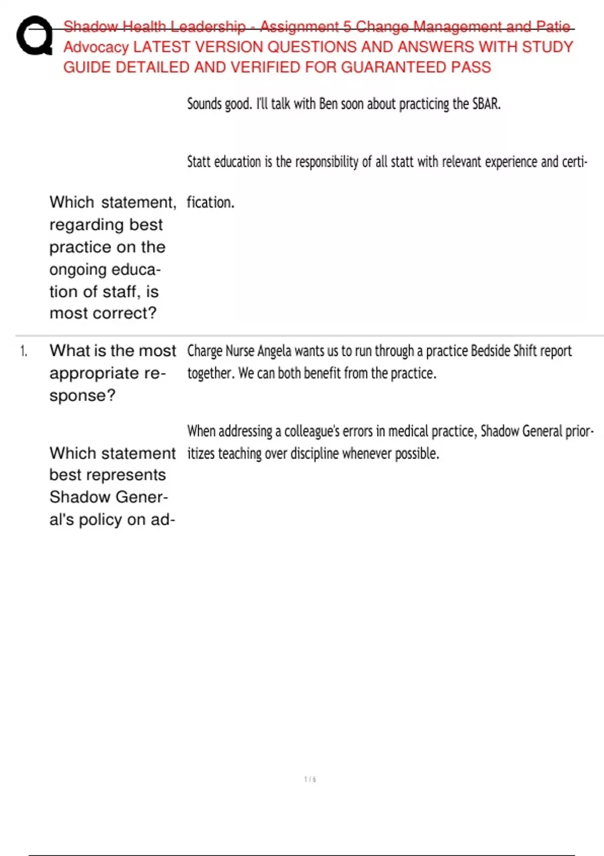 Shadow Health Leadership - Assignment 5 Change Management and Patie ...