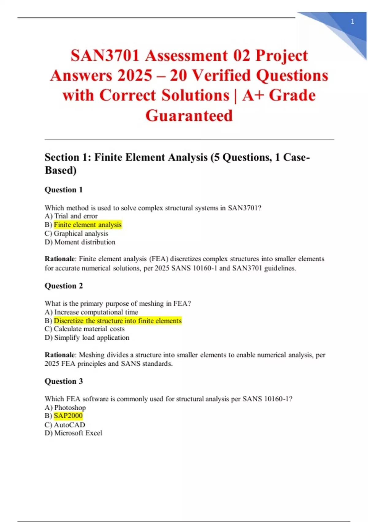 SAN3701 Assessment 02 Project Answers 2025 – 20 Verified Questions with Correct Solutions | A+ ...