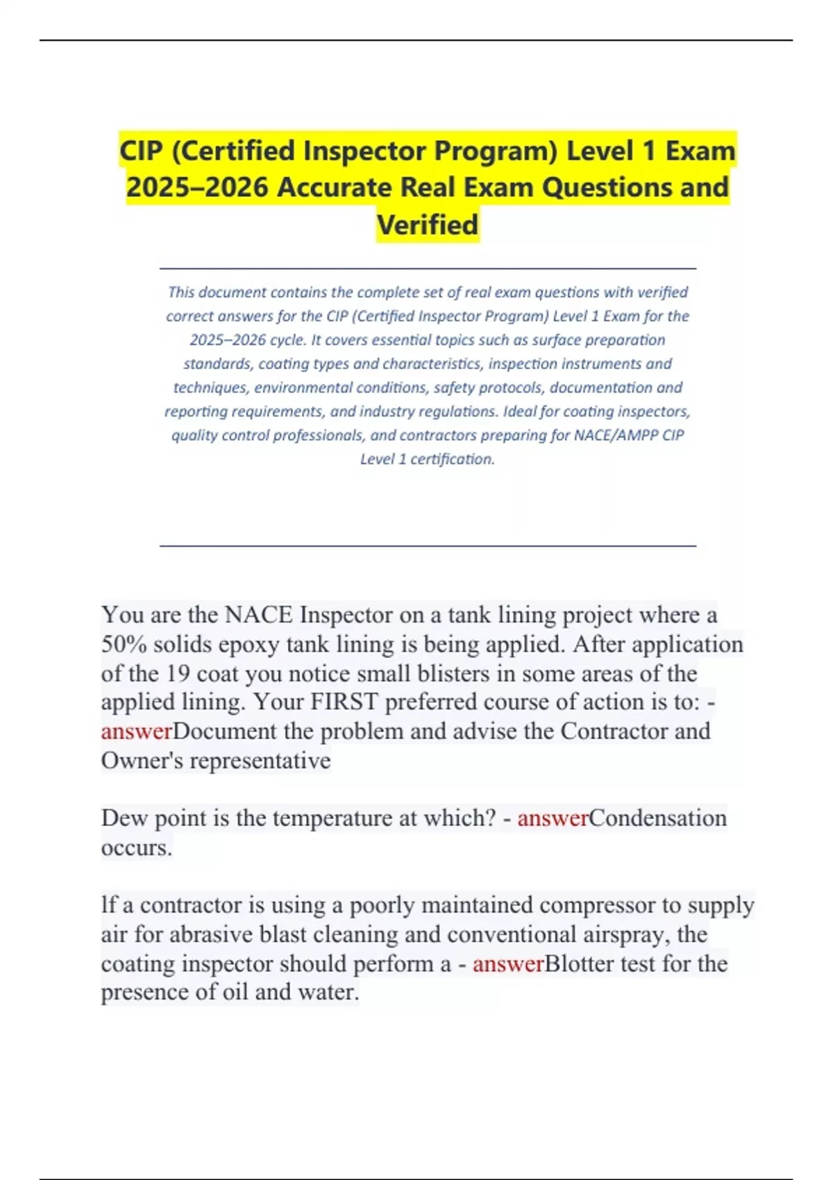 CIP (Certified Inspector Program) Level 1 Exam 2025–2026 Accurate Real ...