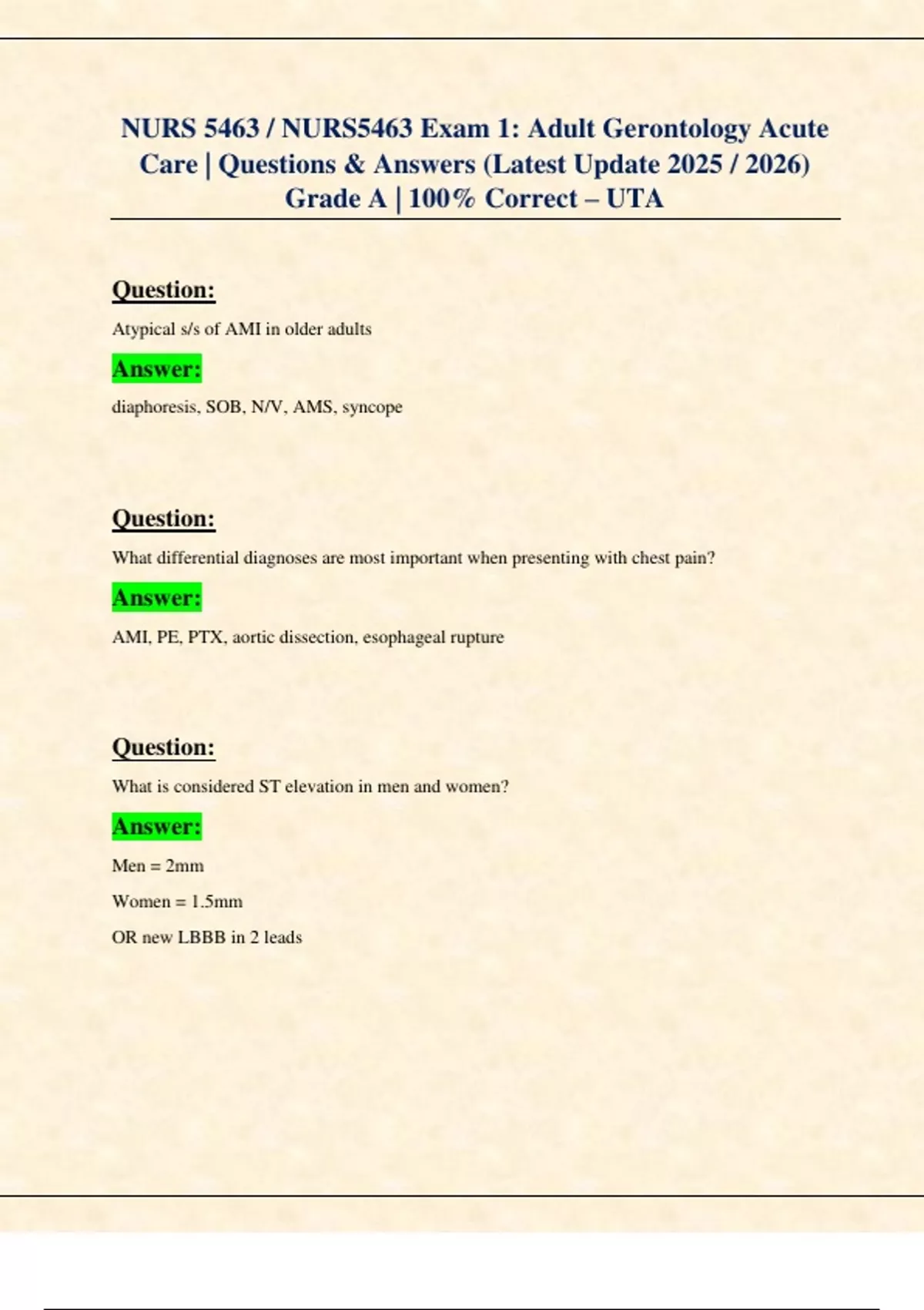 Exam 1 & Exam 2 :NURS 5463 / NURS5463 - Adult Gerontology Acute Care ...