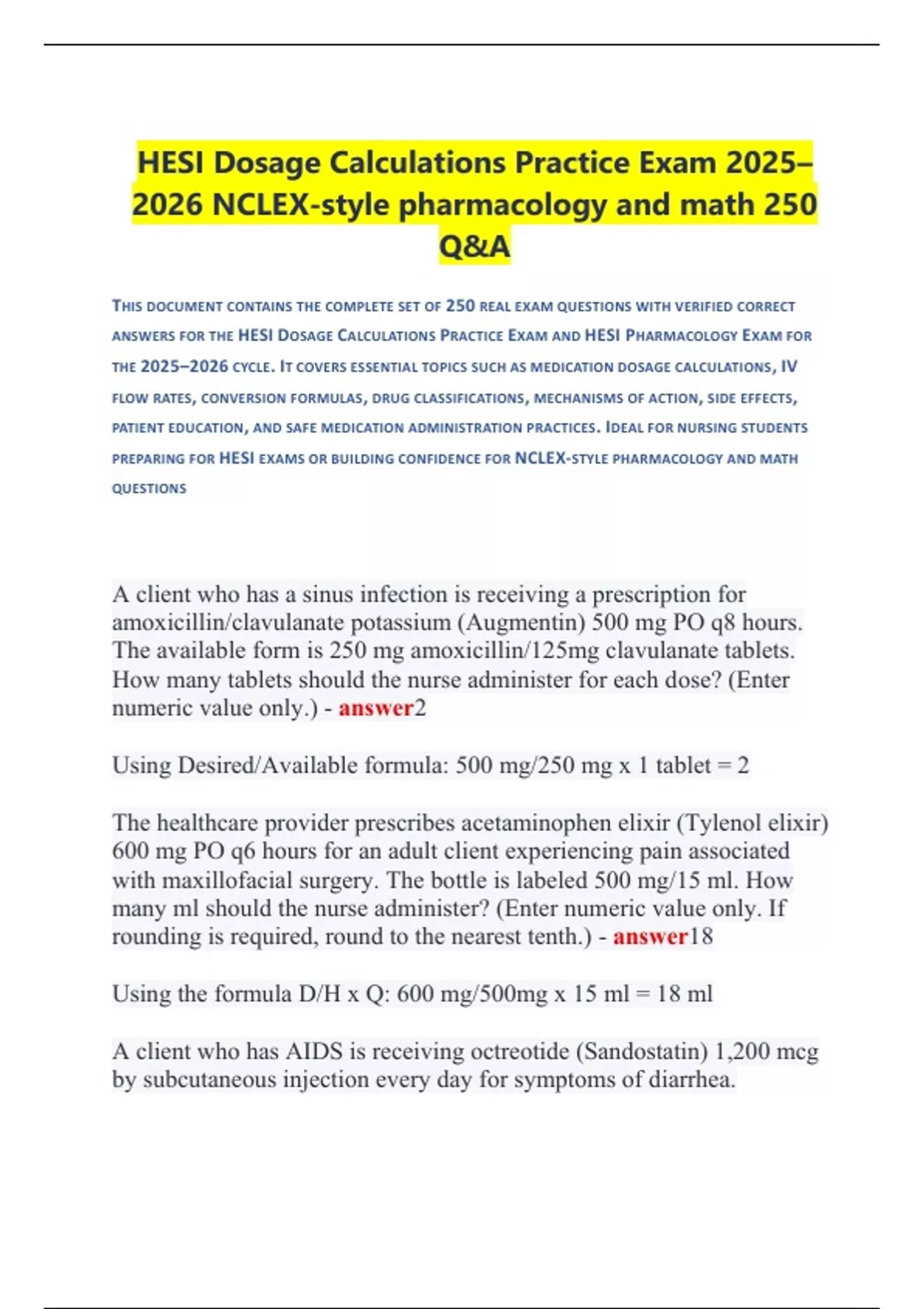 HESI Dosage Calculations Practice Exam NCLEX-style pharmacology and math 250 Q&A THIS DOCUMENT ...