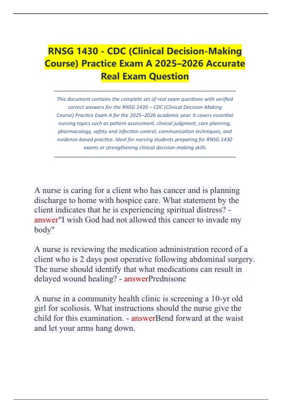 RNSG 1430 - CDC (Clinical Decision-Making Course) Practice Exam A 2025 ...