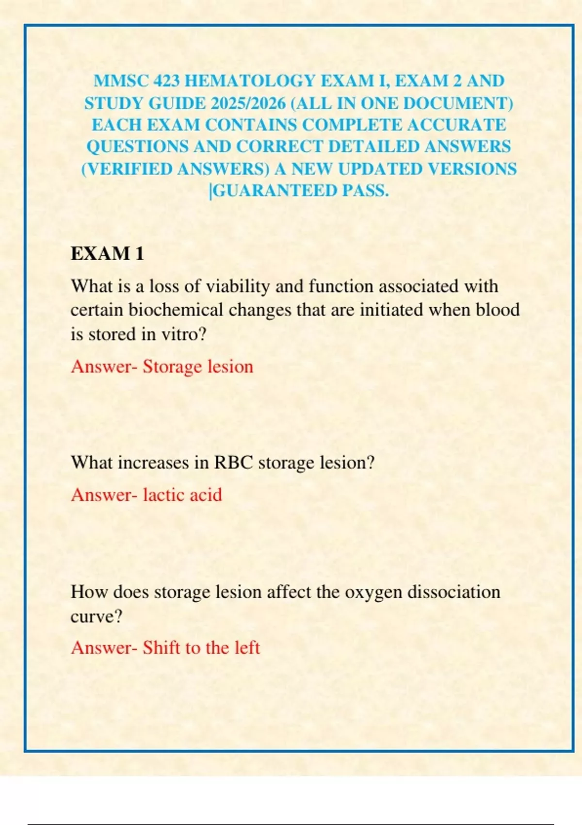 MMSC 423 HEMATOLOGY EXAM I, EXAM 2 AND STUDY GUIDE 2025/2026 (ALL IN ONE DOCUMENT) EACH EXAM ...