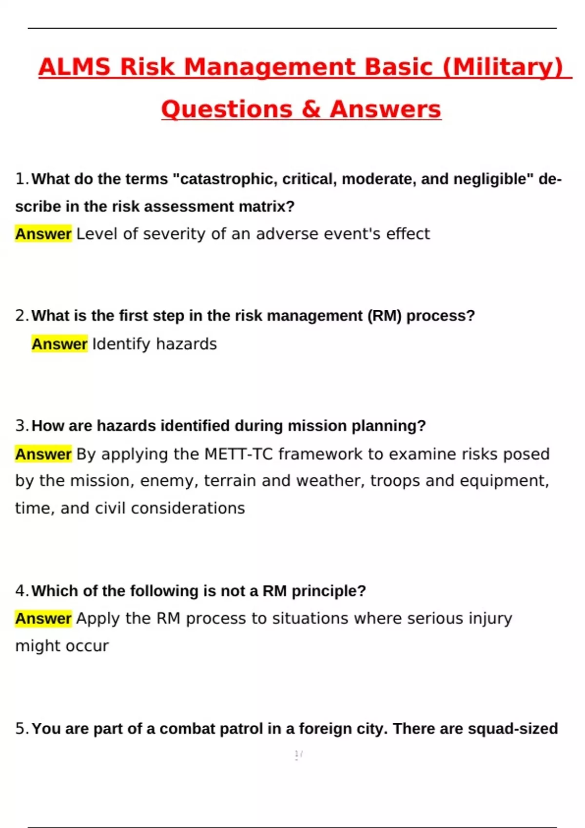 ALMS Risk Management Basic (Military) Actual 2025 Questions and ...