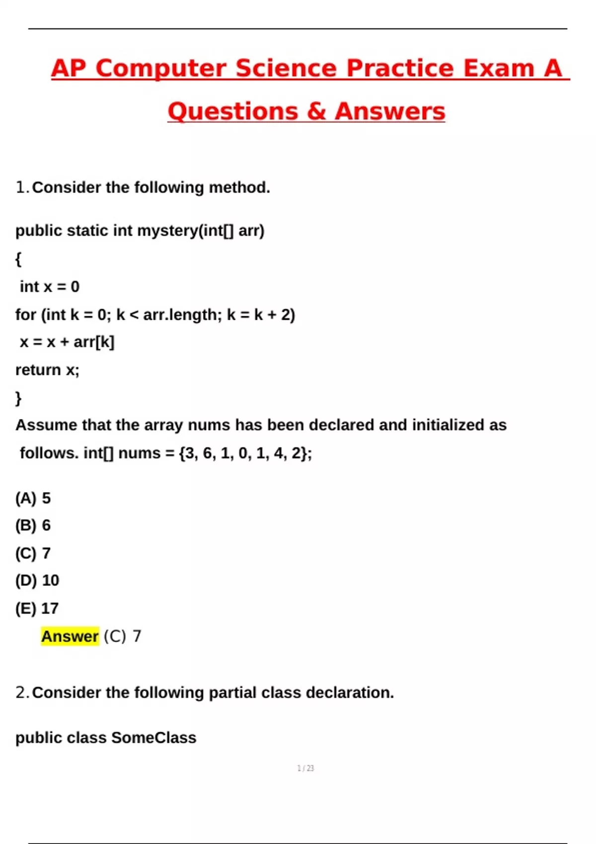 CSA AP Computer Science Practice Exam A Actual 2025 Exam with Questions and Answers (2025 / 2026 ...