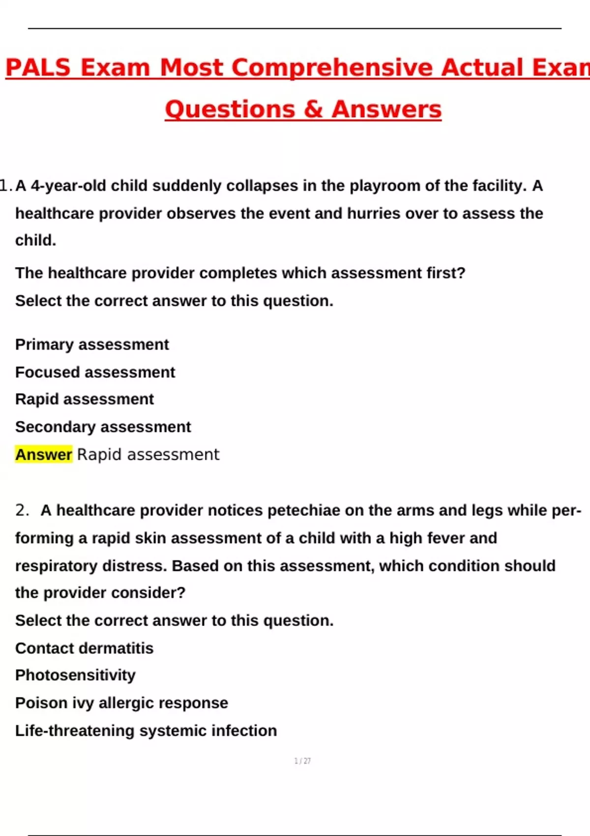 PALS EXAMS BUNDLED PALS All Questions Actual Exam 2025 PALS Pediatric ...