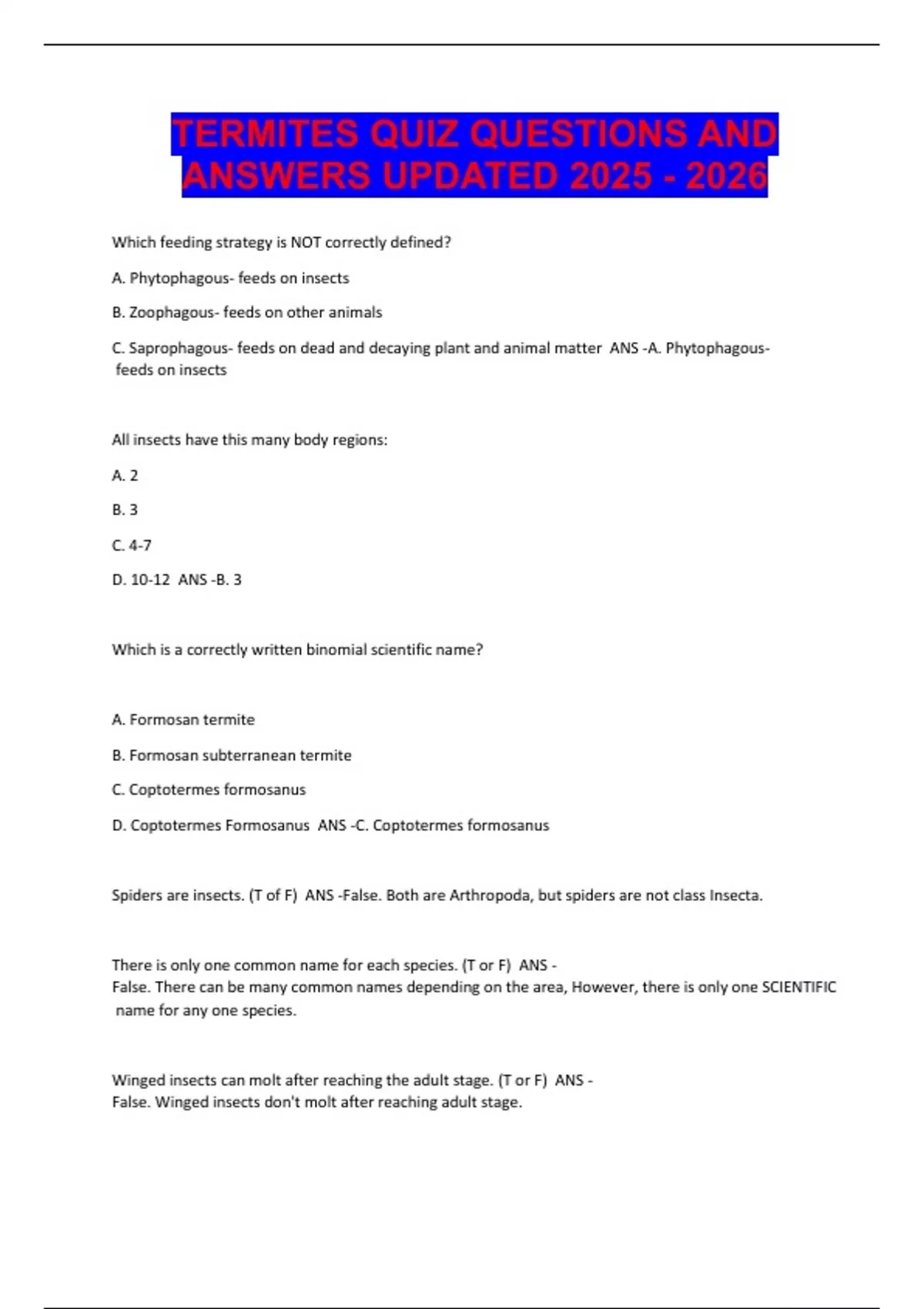 TERMITES QUIZ QUESTIONS AND ANSWERS UPDATED - Florida Pest Control ...
