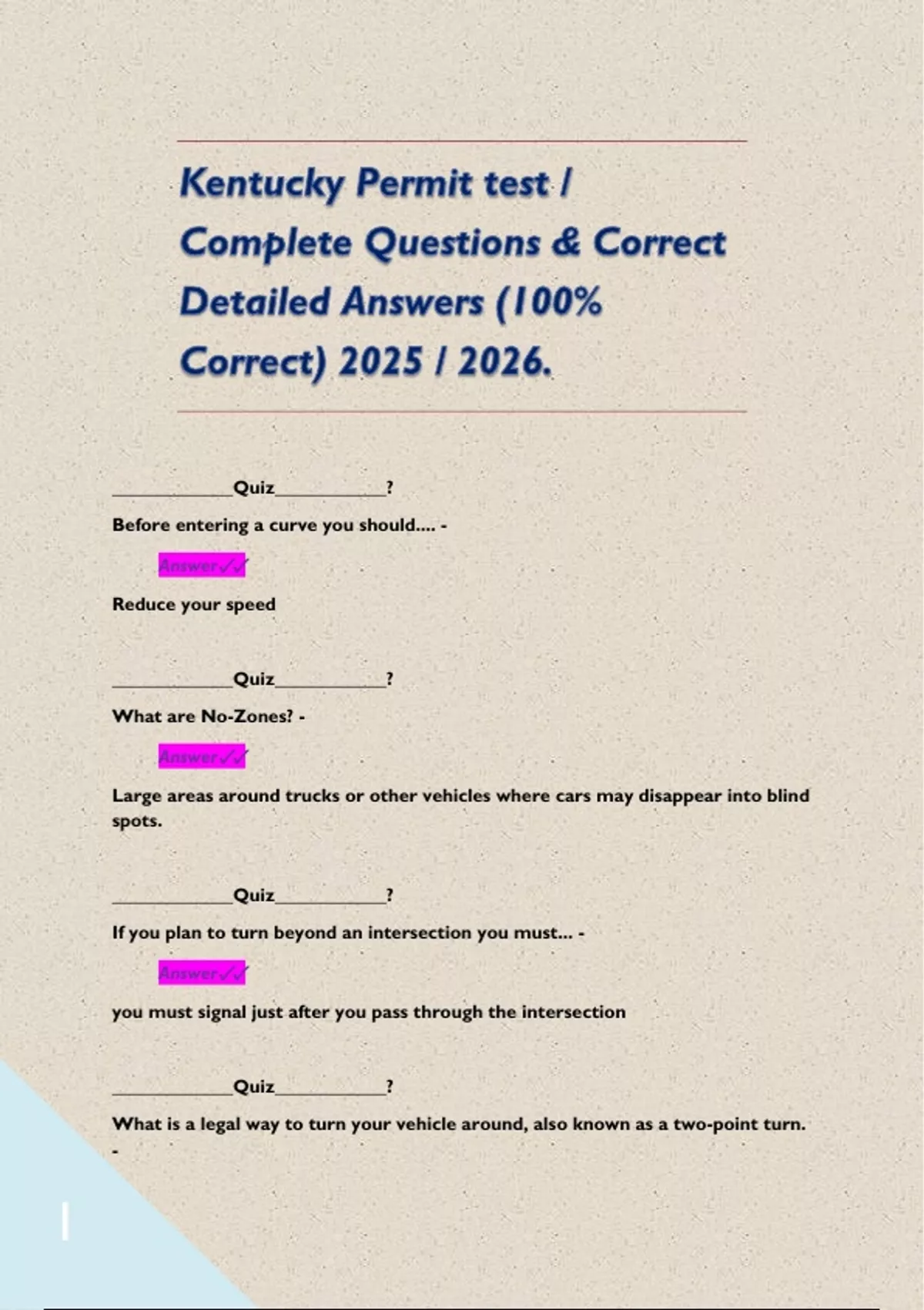 Kentucky Permit test / Complete Questions & Correct Detailed Answers ...