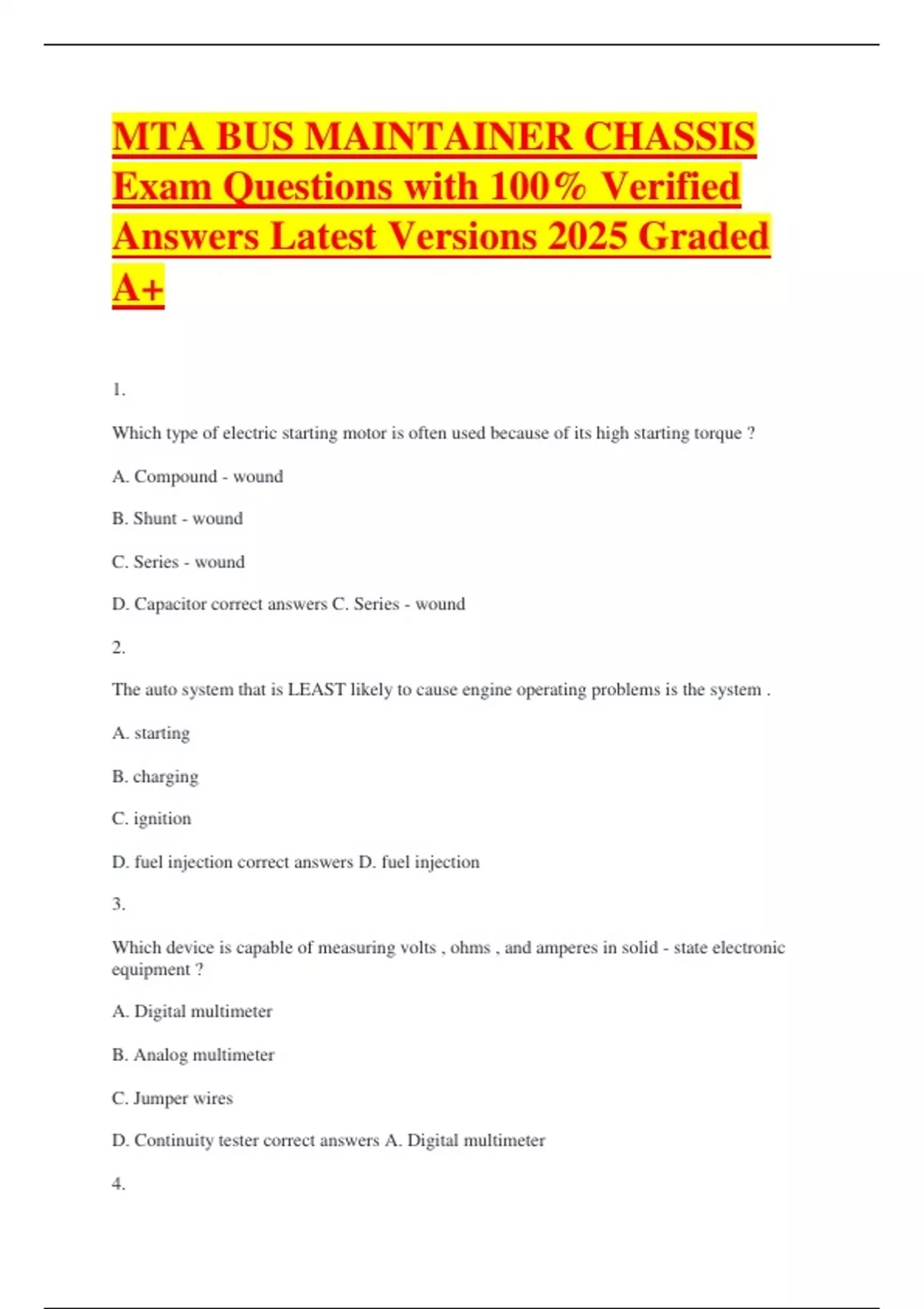MTA BUS MAINTAINER CHASSIS Exam Questions with 100- Verified Answers ...