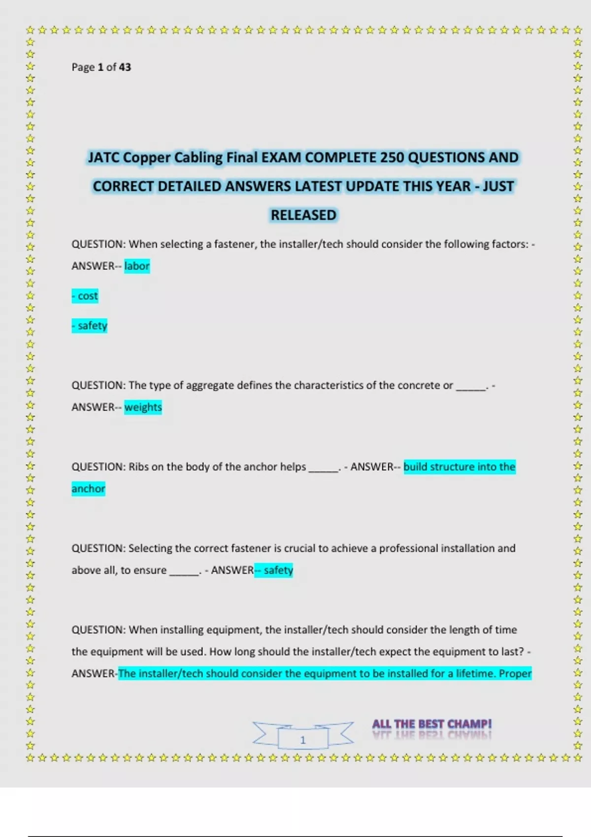 JATC Copper Cabling Final EXAM COMPLETE 250 QUESTIONS AND CORRECT ...