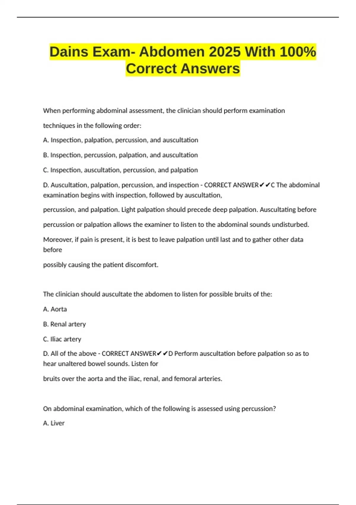 Dains Exam- Abdomen 2025 With 100% Correct Answers - Dains - Abdomen ...