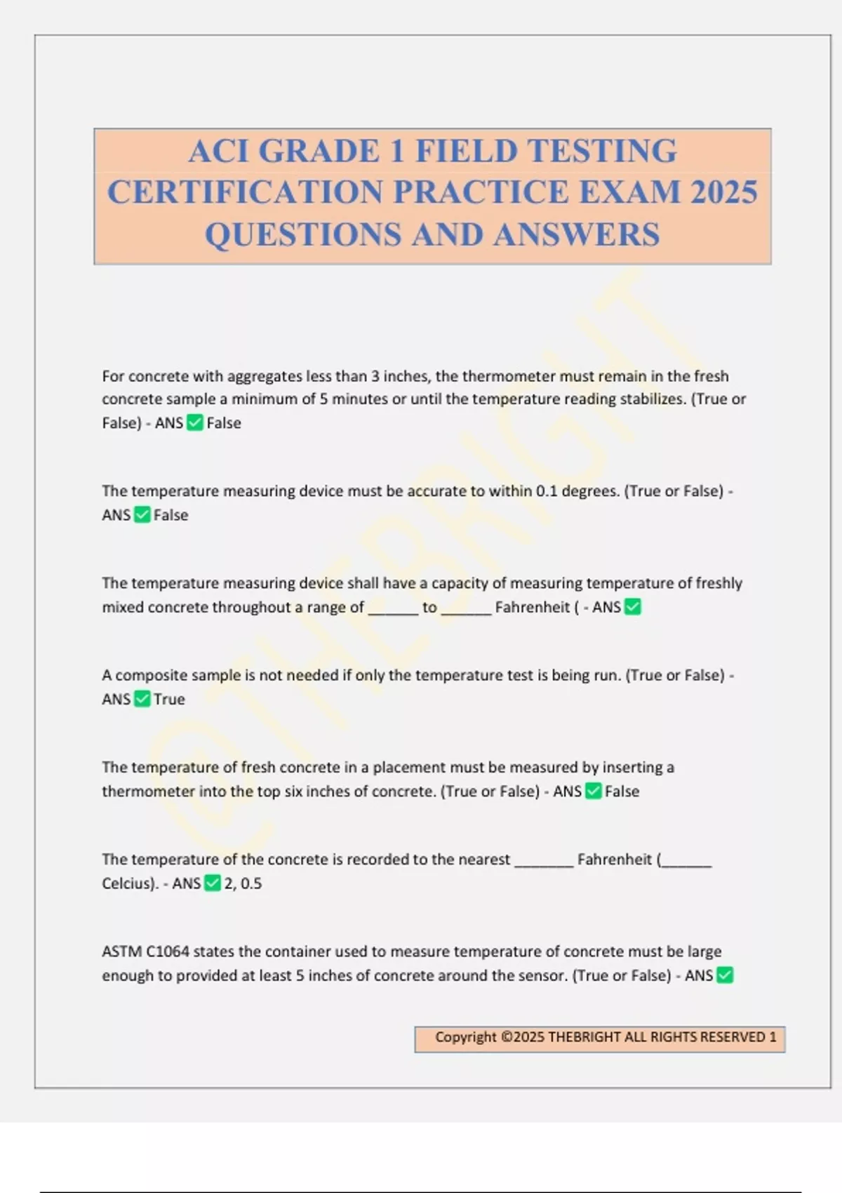 ACI GRADE 1 FIELD TESTING CERTIFICATION PRACTICE EXAM 2025 QUESTIONS ...