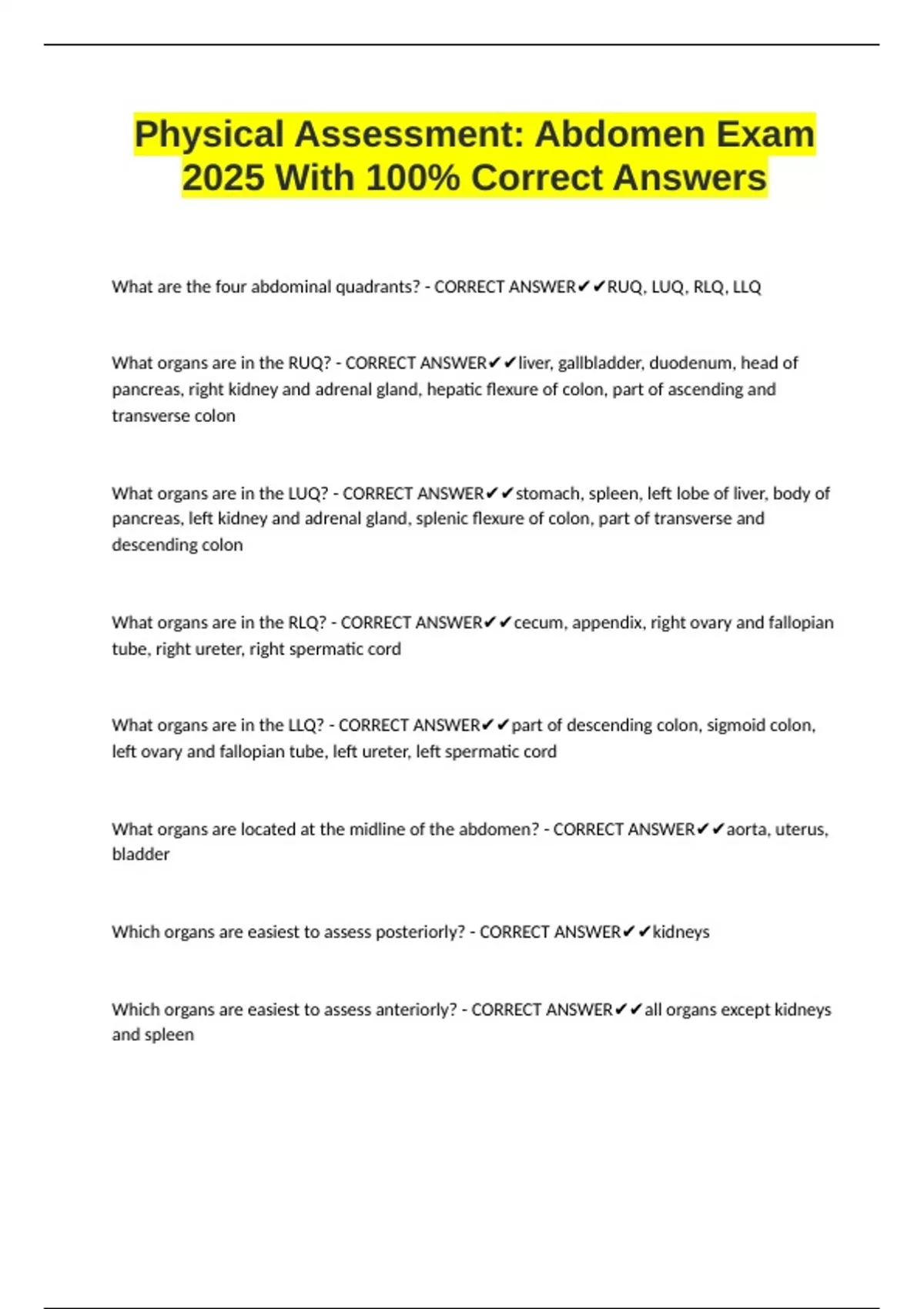 Physical Assessment: Abdomen Exam 2025 With 100% Correct Answers ...
