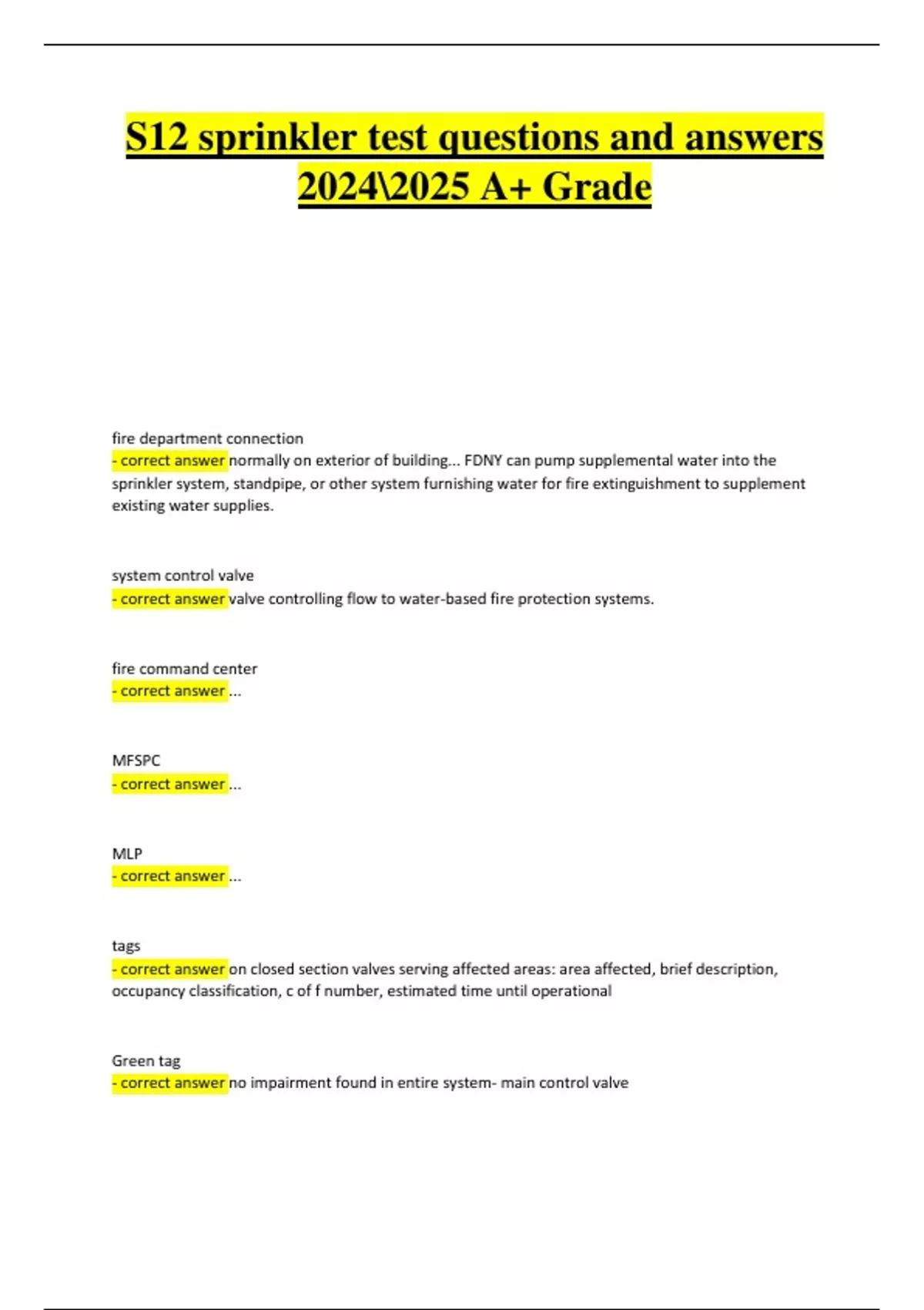 S-12 Sprinkler Test Certificate of Fitness – Complete Exam Solution ...