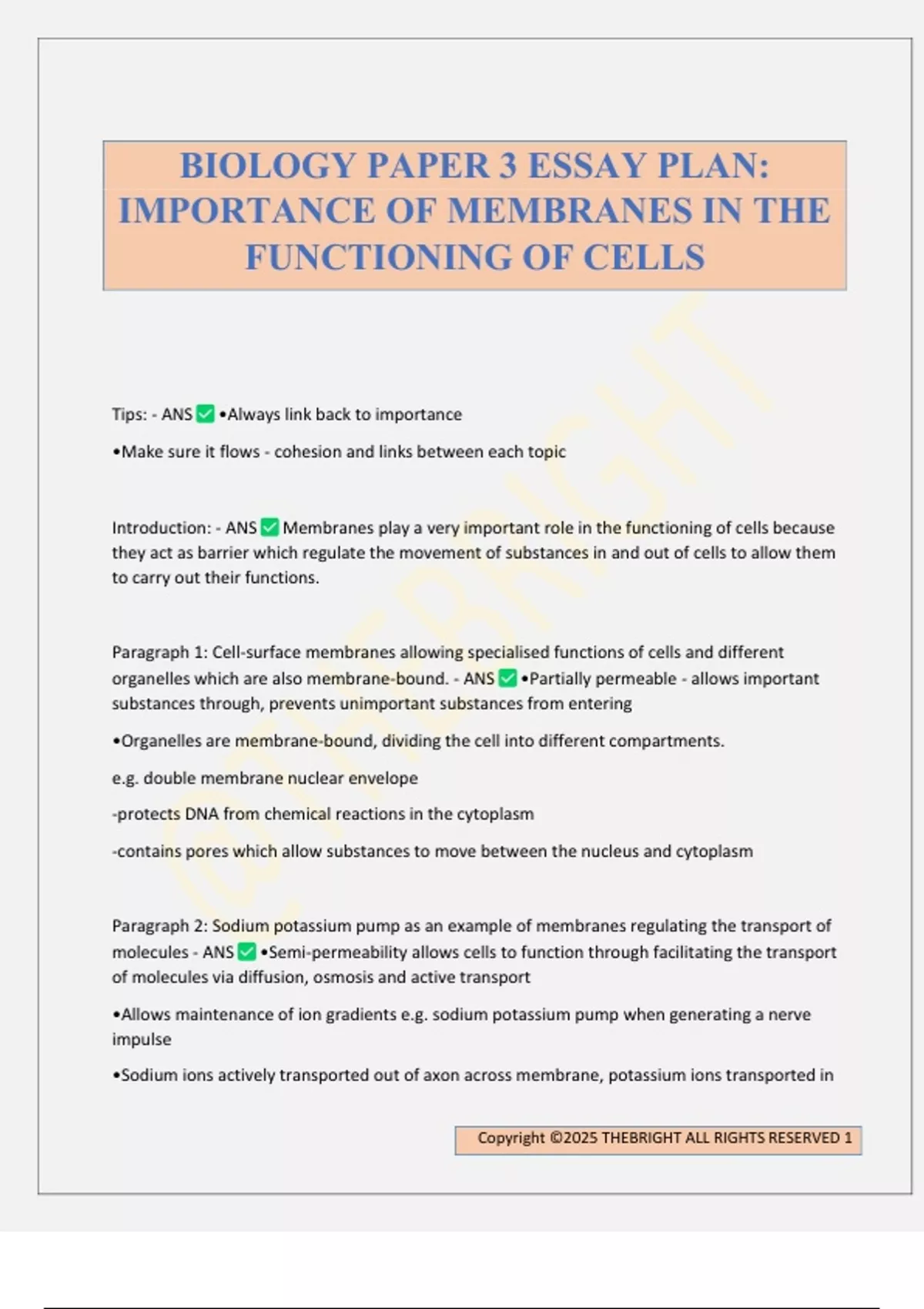 BIOLOGY PAPER 3 ESSAY PLAN: IMPORTANCE OF MEMBRANES IN THE FUNCTIONING ...