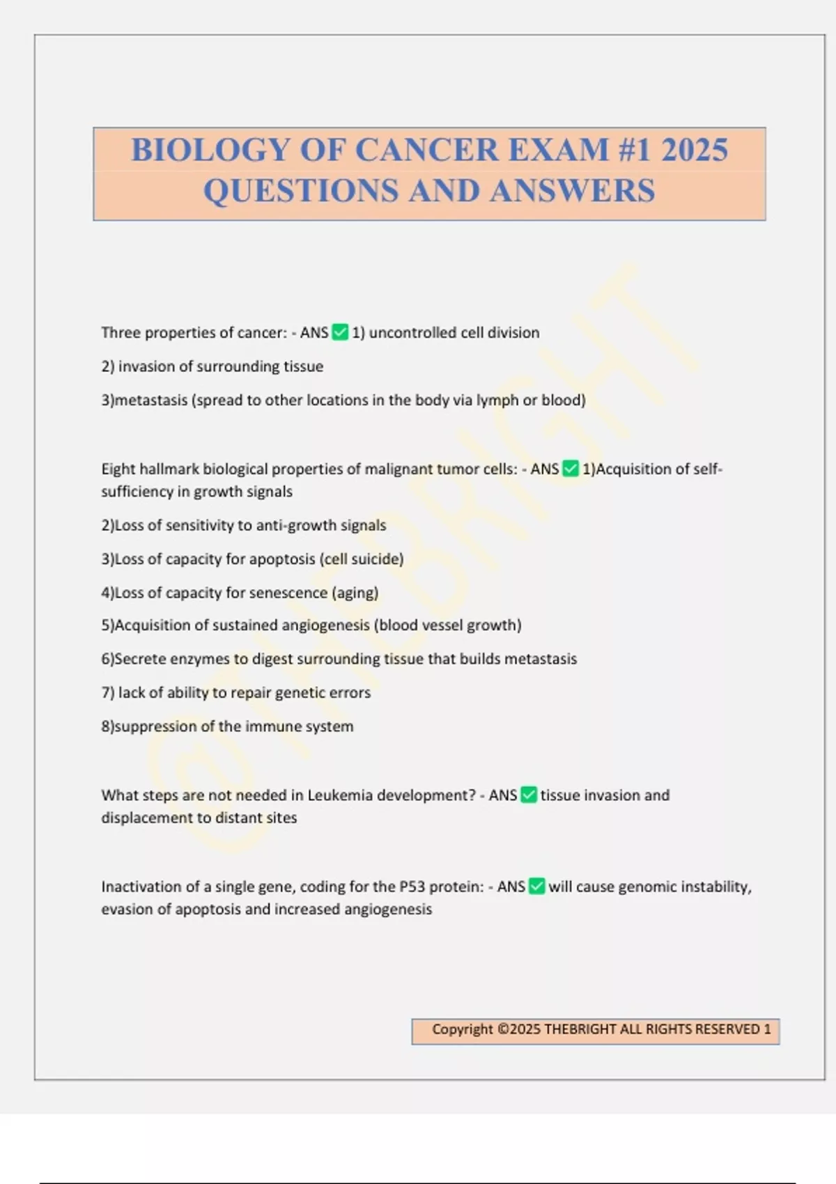 BIOLOGY OF CANCER EXAM #1 2025 QUESTIONS AND ANSWERS - CANCER - Stuvia US