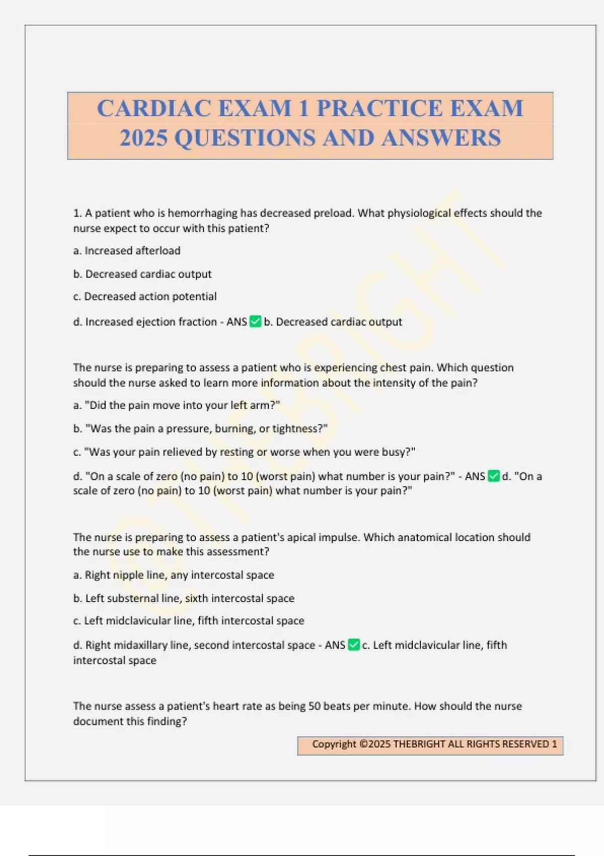 CARDIAC EXAM 1 PRACTICE EXAM 2025 QUESTIONS AND ANSWERS - CARDIAC ...