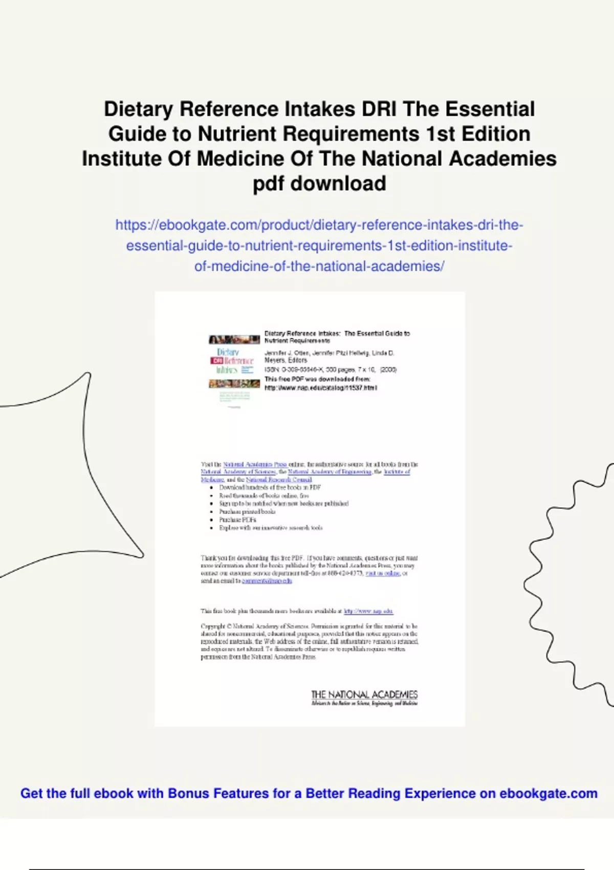 Summary Dietary Reference Intakes DRI The Essential Guide to Nutrient ...