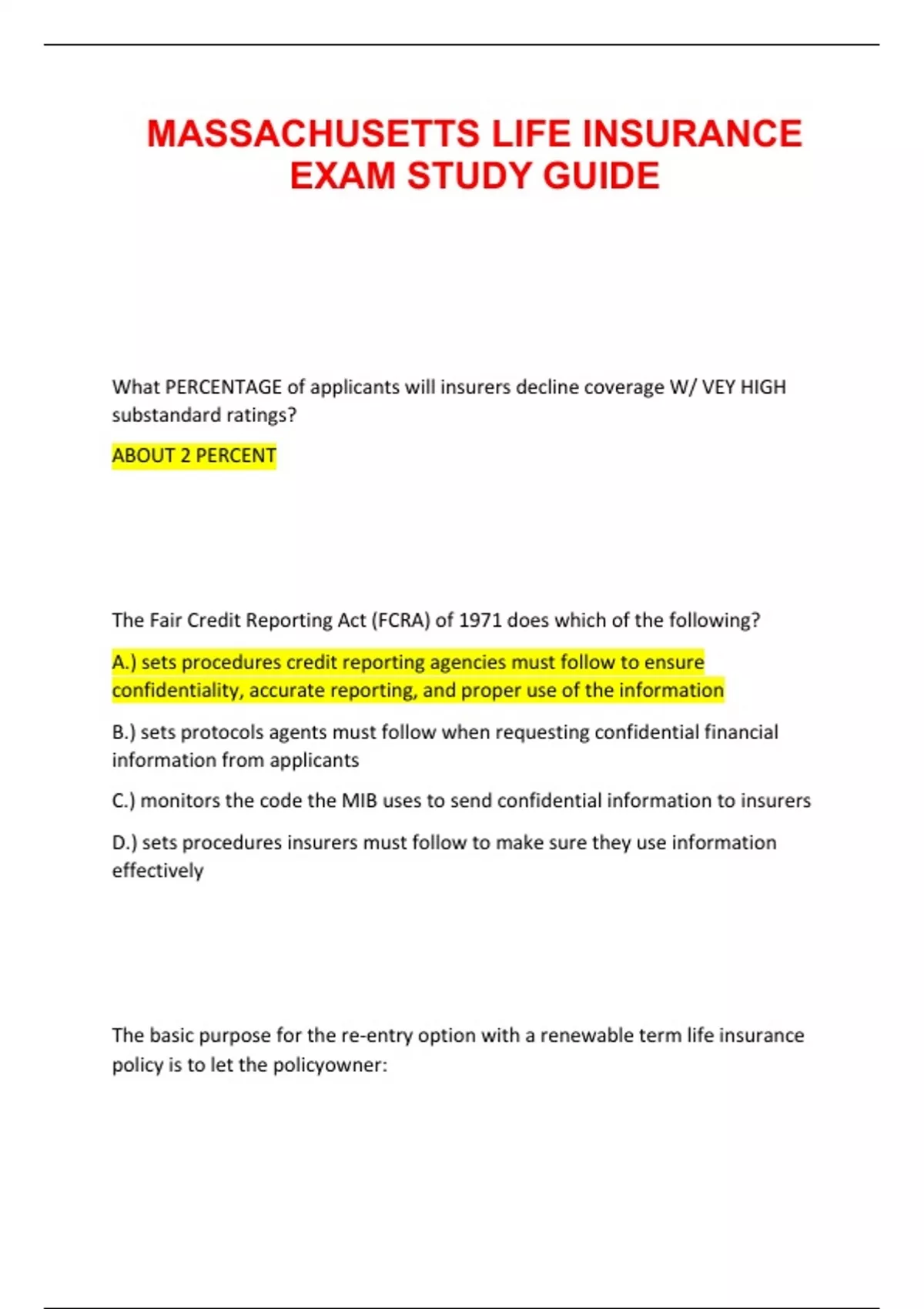 MASSACHUSETTS LIFE INSURANCE EXAM STUDY GUIDE UPDATED EXAM GUIDE REVIEW ...