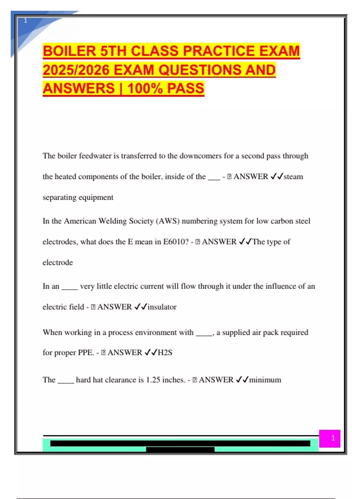 BOILER 5TH CLASS PRACTICE EXAM 2025/2026 EXAM QUESTIONS AND ANSWERS ...