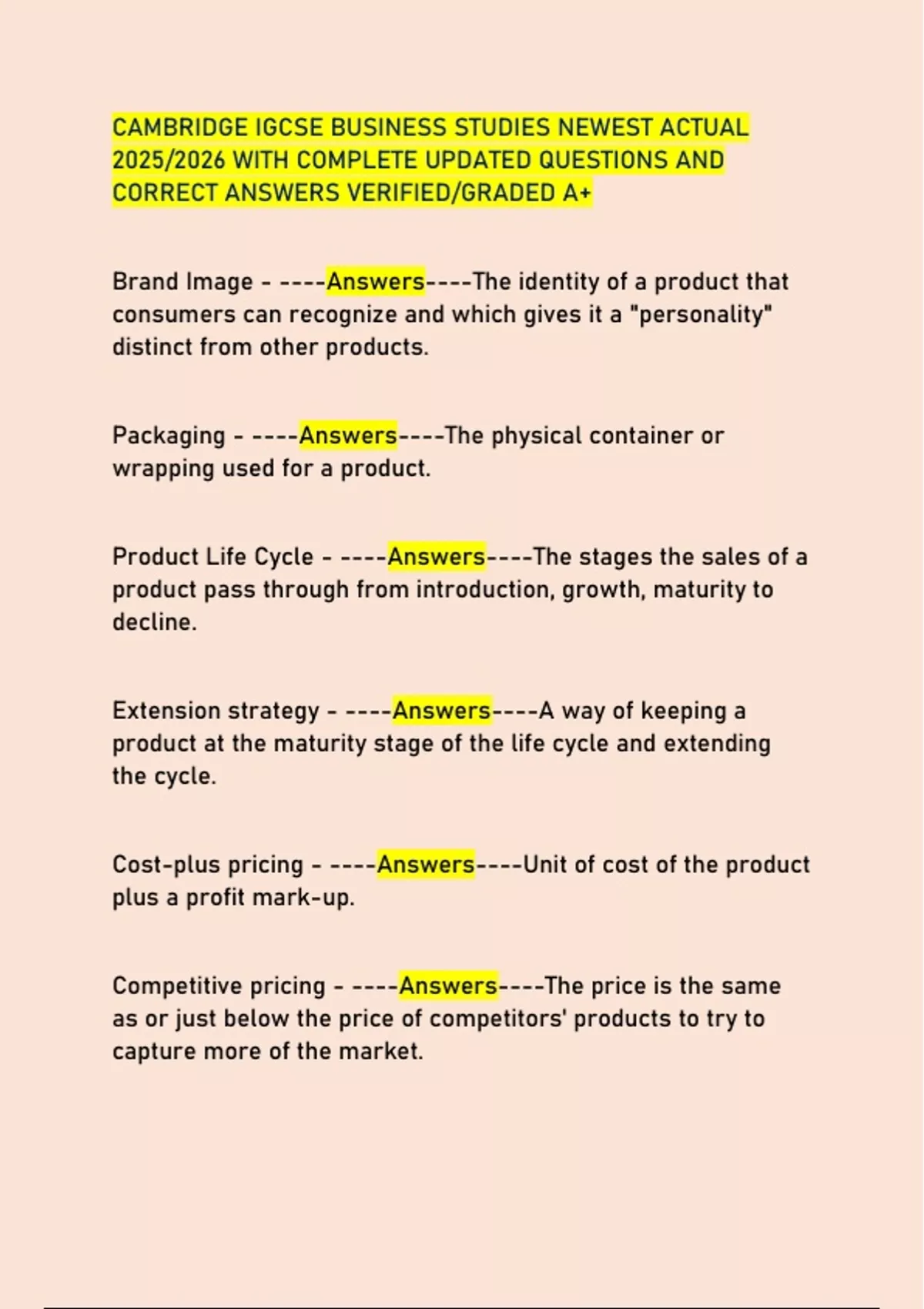 CAMBRIDGE IGCSE BUSINESS STUDIES NEWEST ACTUAL 2025/2026 WITH COMPLETE ...