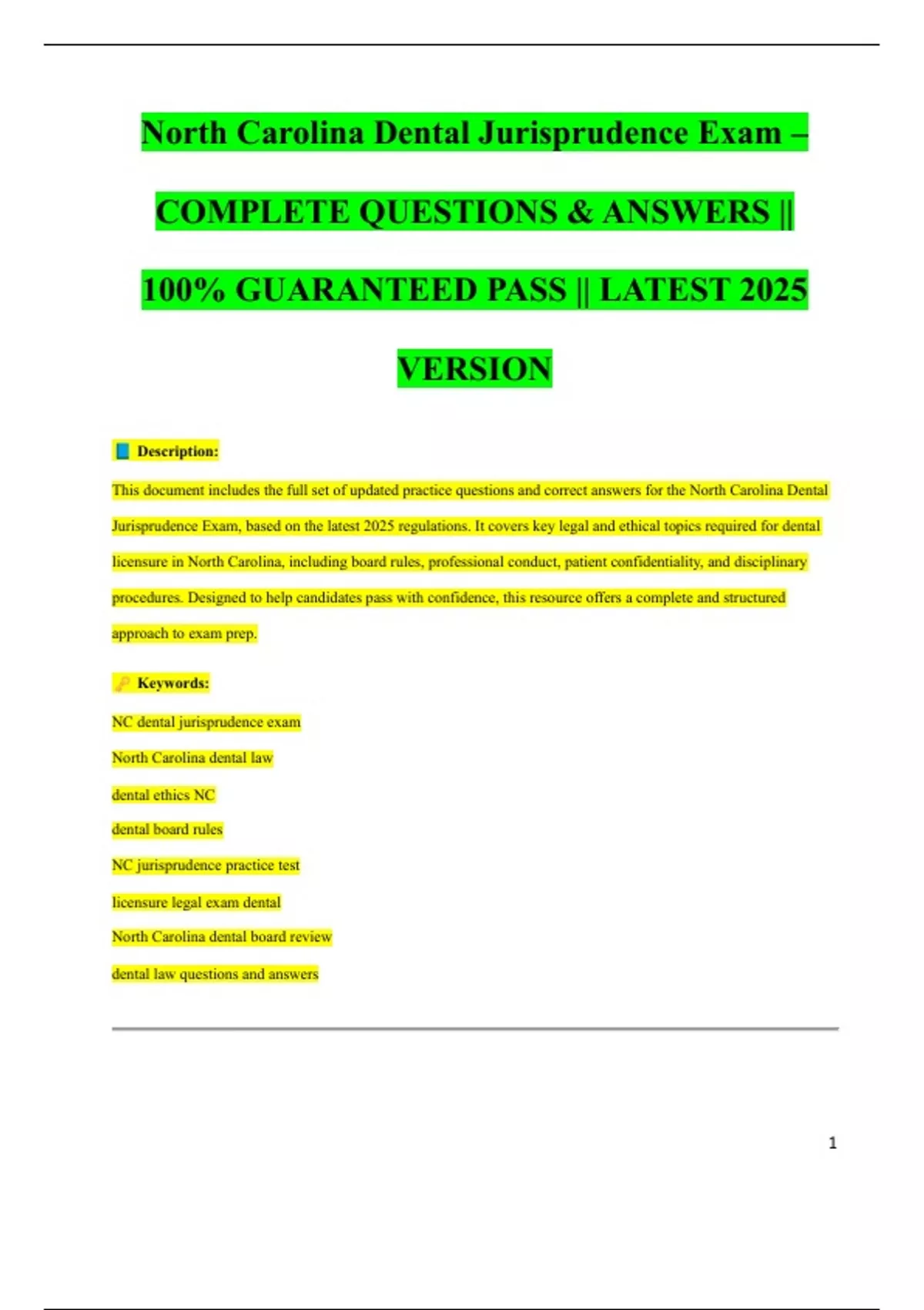 North Carolina Dental Jurisprudence Exam – COMPLETE QUESTIONS & ANSWERS ...