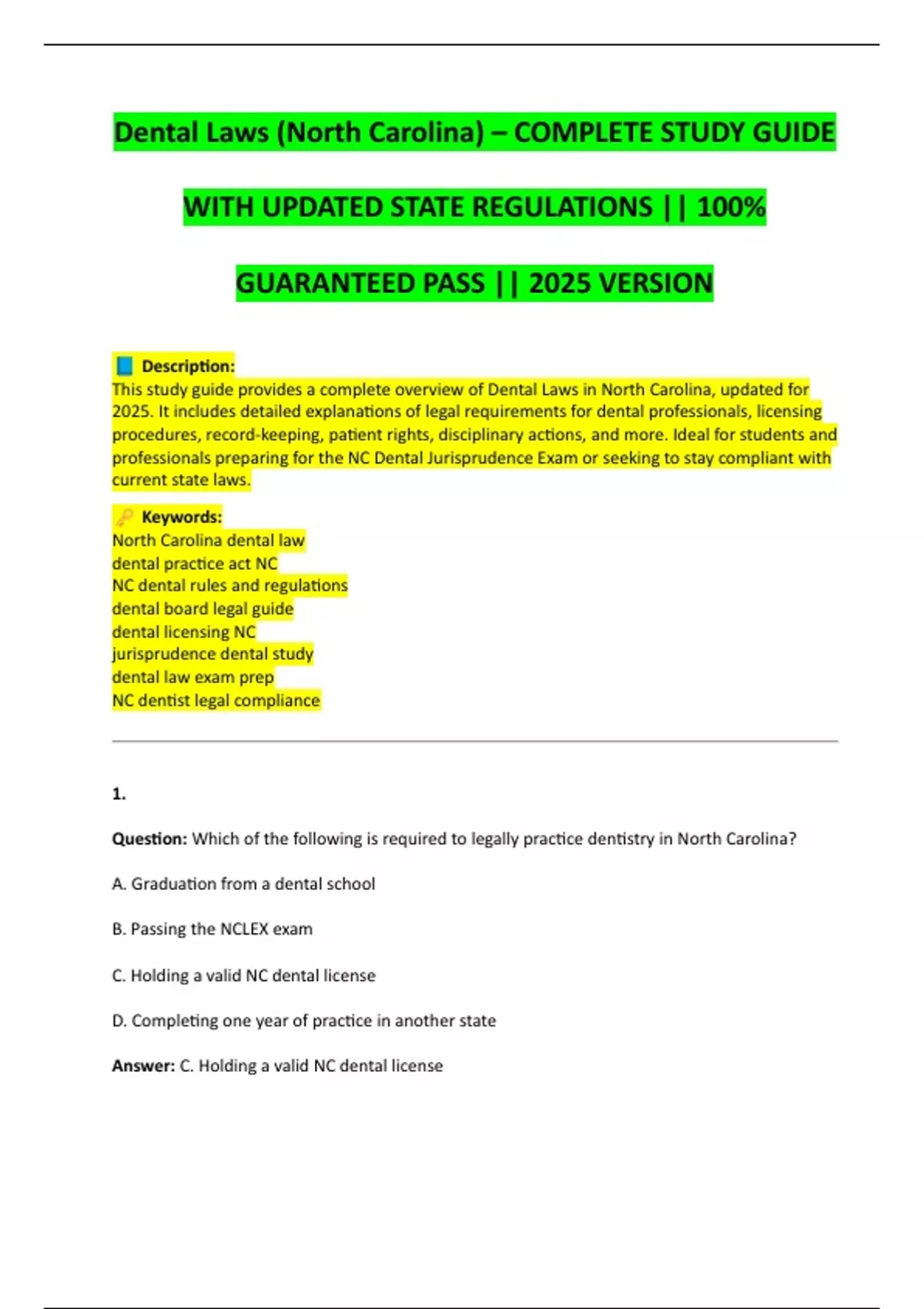 Dental Laws (North Carolina) – COMPLETE STUDY GUIDE WITH UPDATED STATE ...