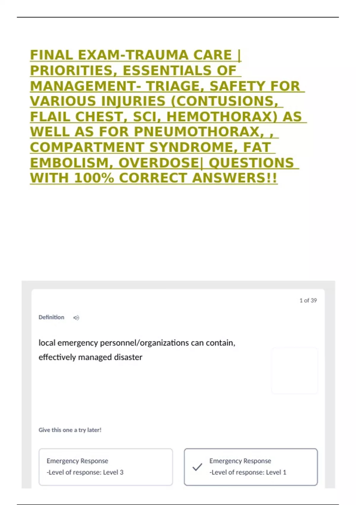 FINAL EXAM-TRAUMA CARE |PRIORITIES, ESSENTIALS OF MANAGEMENT- TRIAGE ...