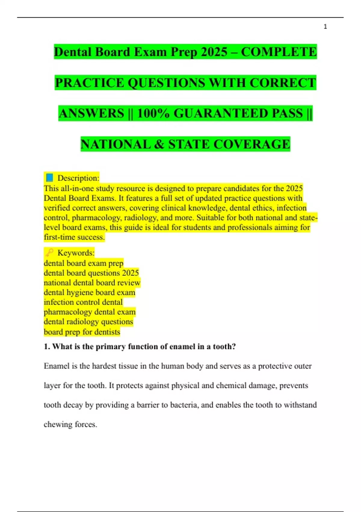 Dental Board Exam Prep 2025 – COMPLETE PRACTICE QUESTIONS WITH CORRECT ANSWERS || 100% ...