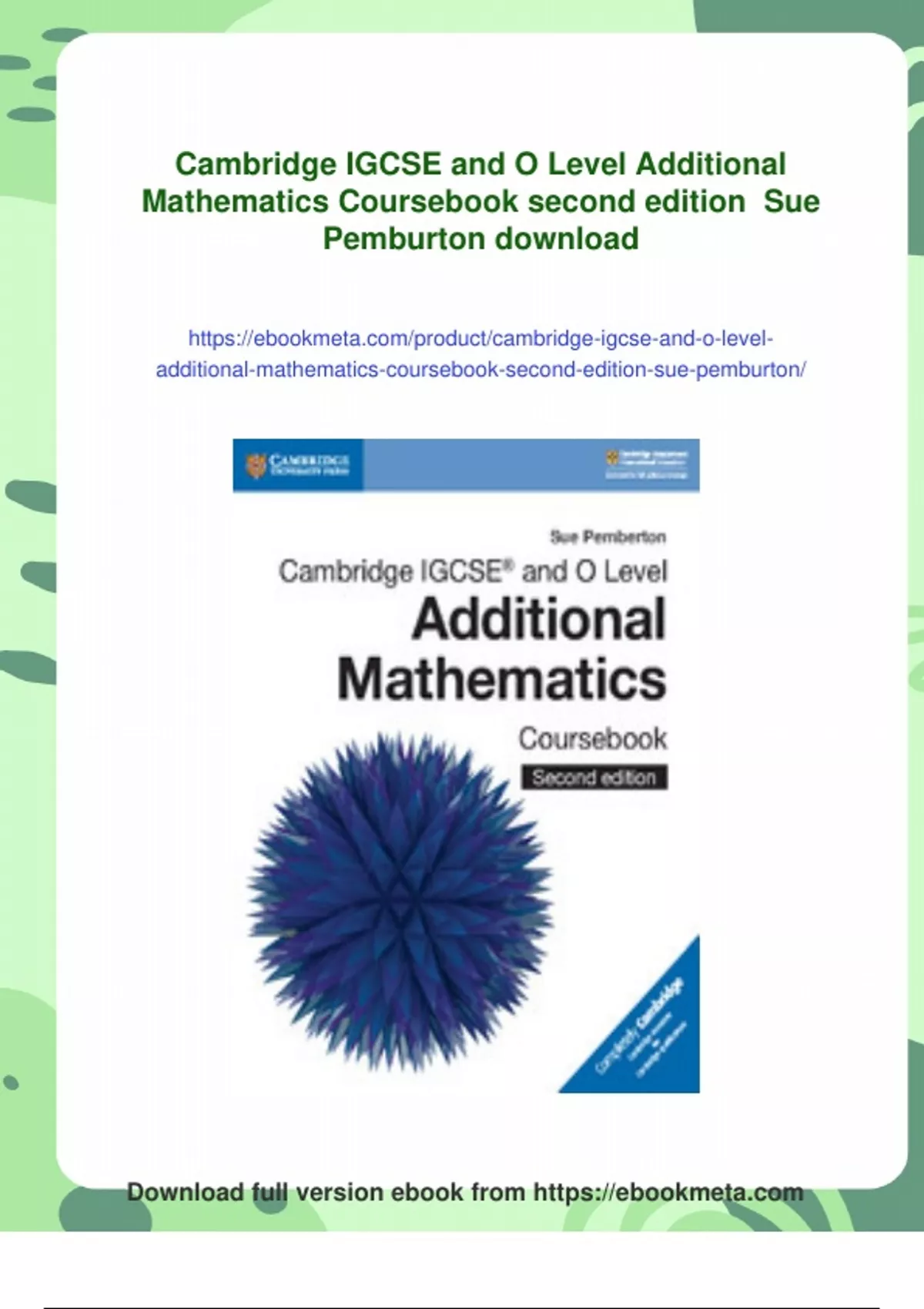 Summary Cambridge IGCSE and O Level Additional Mathematics Coursebook second edition Sue ...