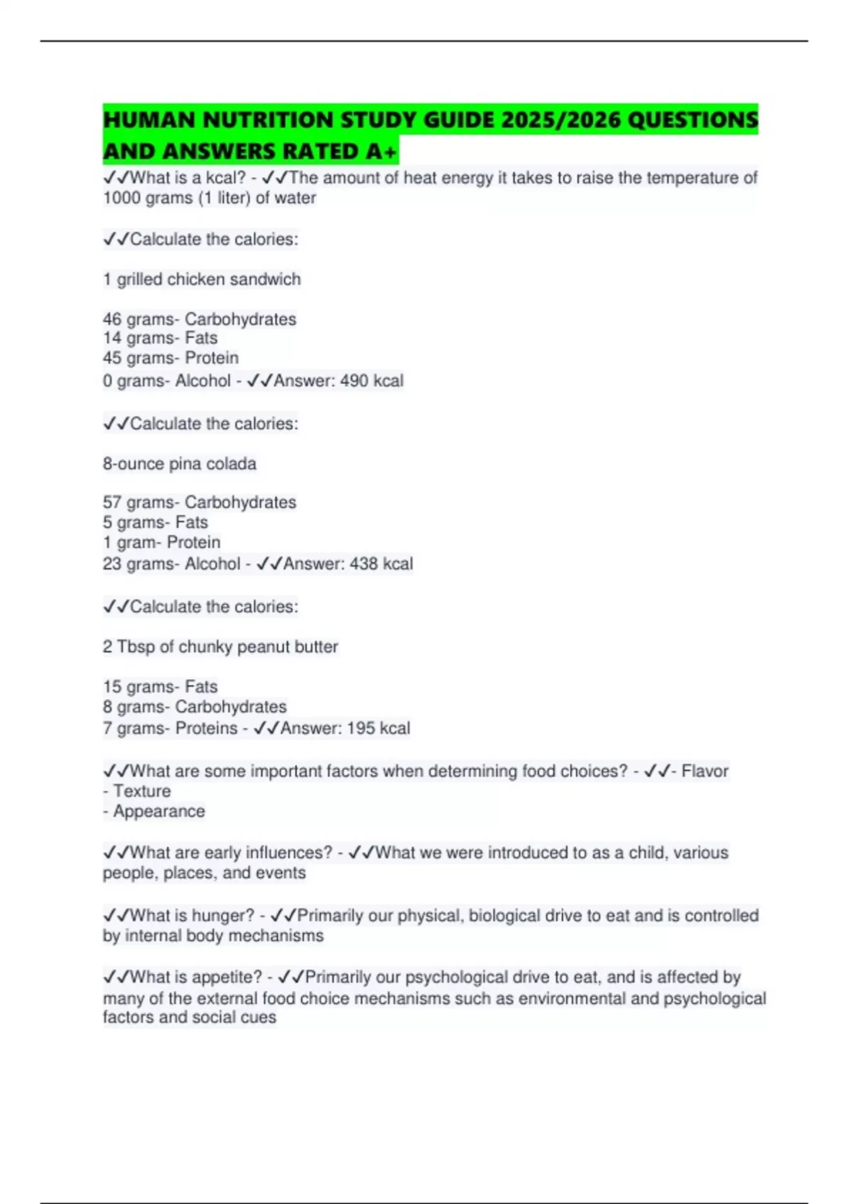 HUMAN NUTRITION STUDY GUIDE 2025/2026 QUESTIONS AND ANSWERS RATED A+ ...
