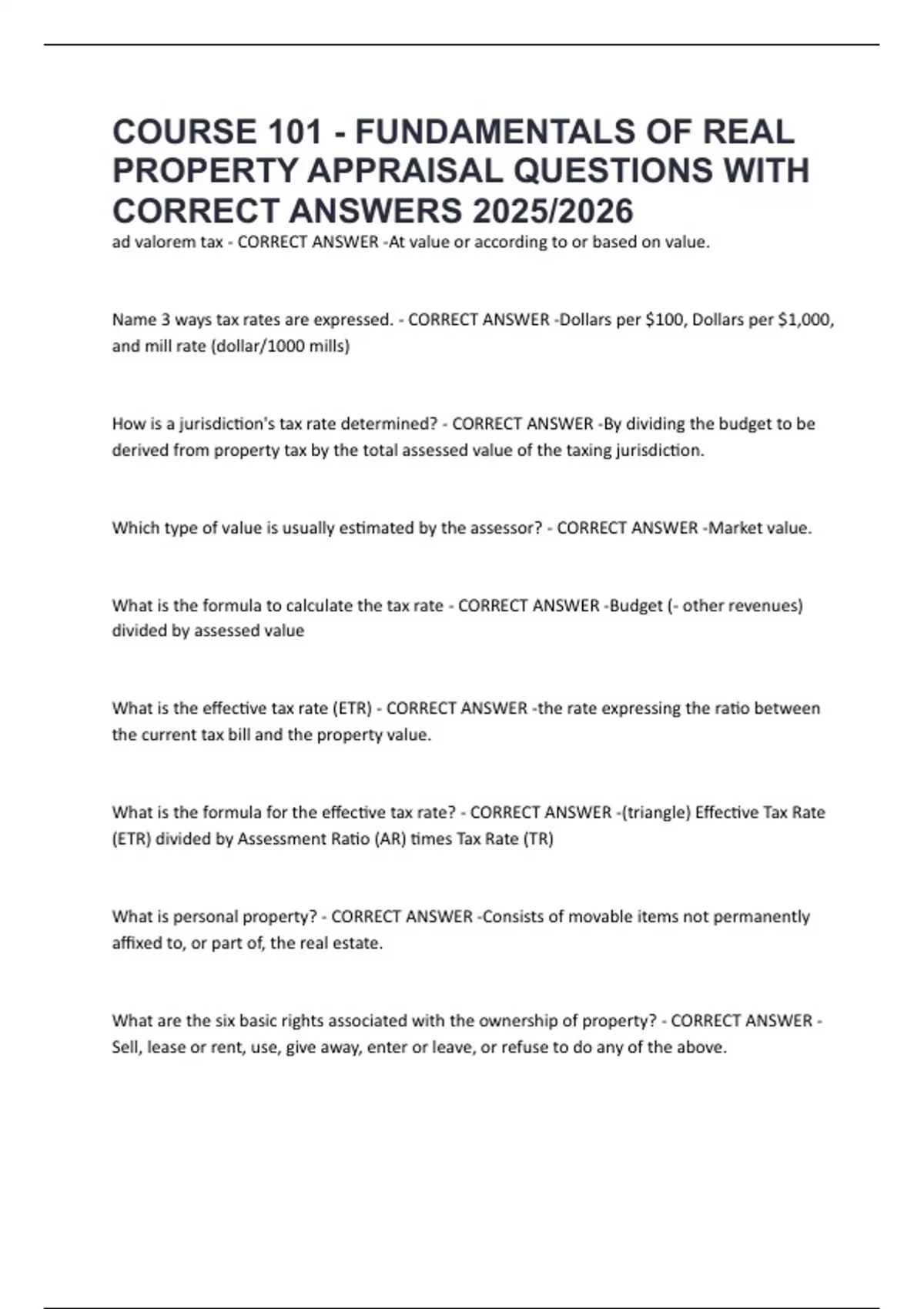 COURSE 101 - FUNDAMENTALS OF REAL PROPERTY APPRAISAL QUESTIONS WITH ...