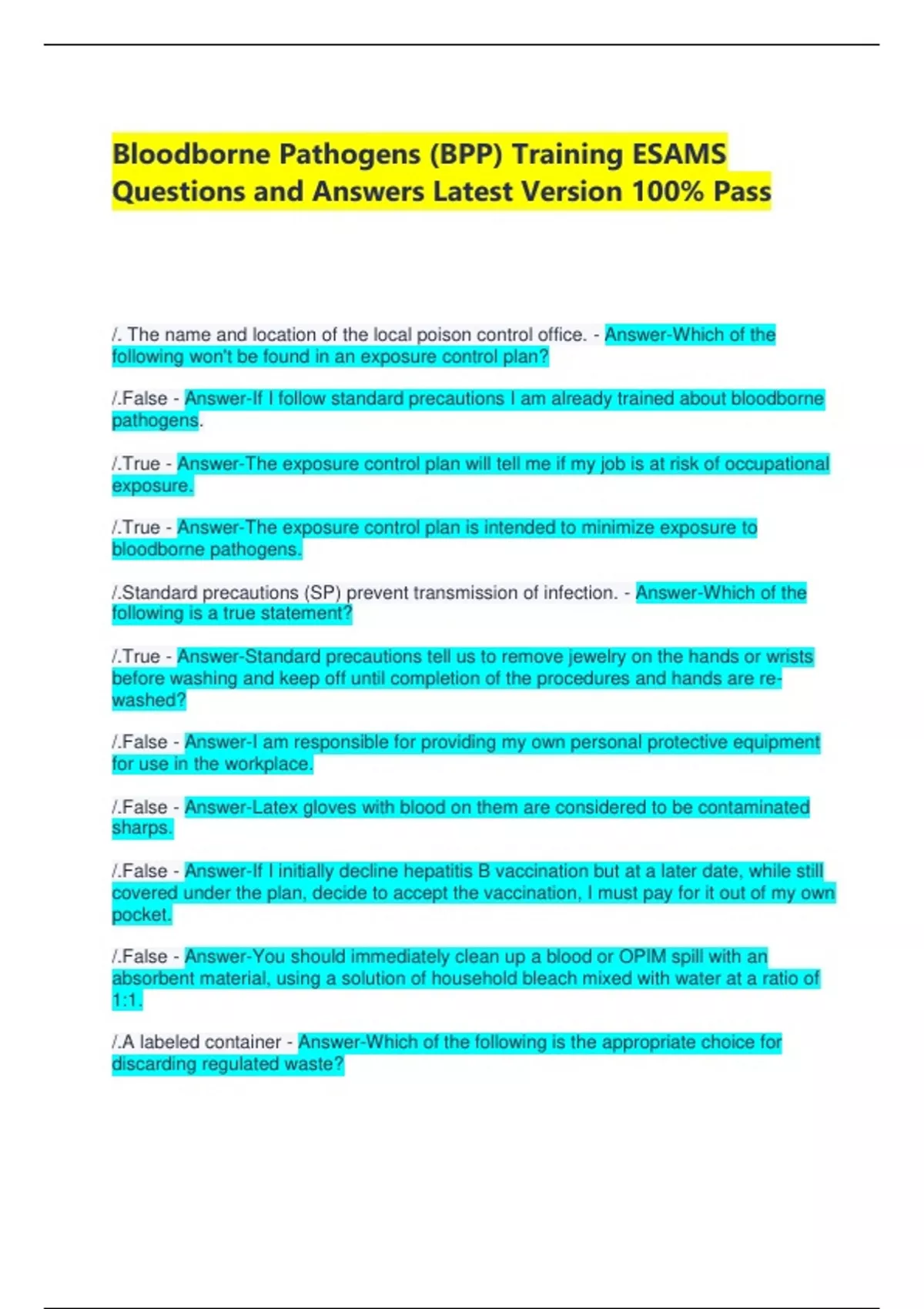 Bloodborne Pathogens (BPP) Training ESAMS Questions and Answers Latest ...
