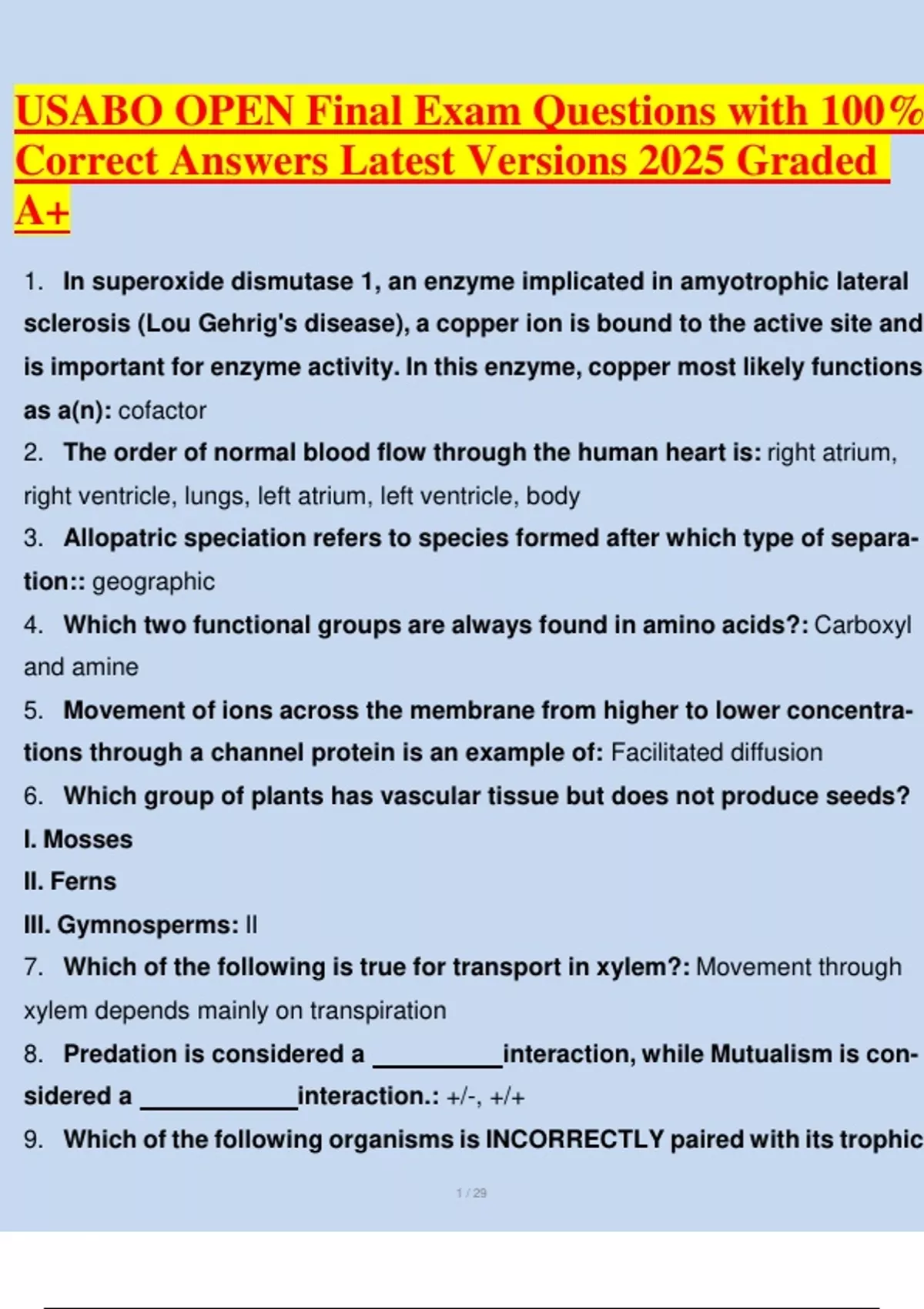 USABO OPEN Final Exam Questions with 100- Correct Answers Latest ...