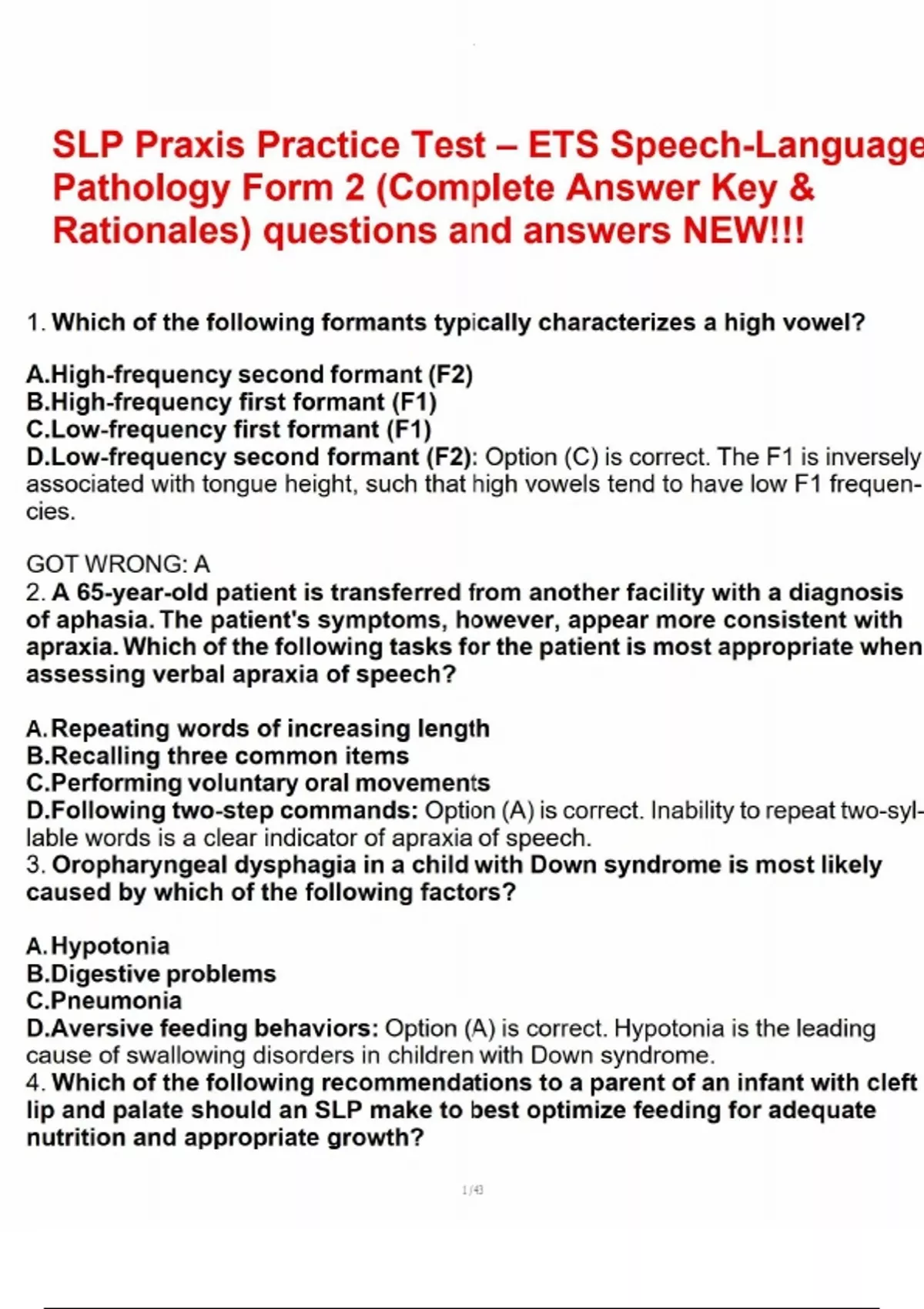 SLP Praxis Practice Test – ETS Speech-Language Pathology Form 2 ...