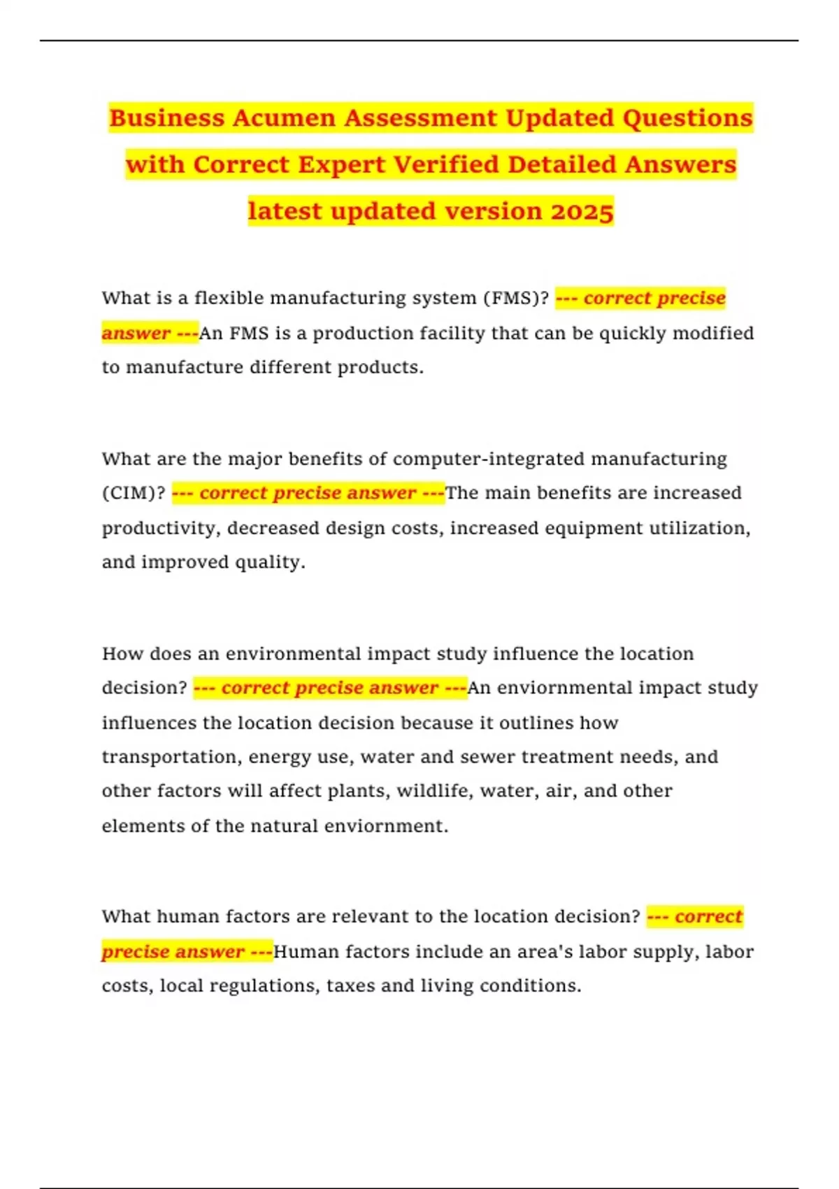 Business Acumen Assessment Updated Questions with Correct Expert ...