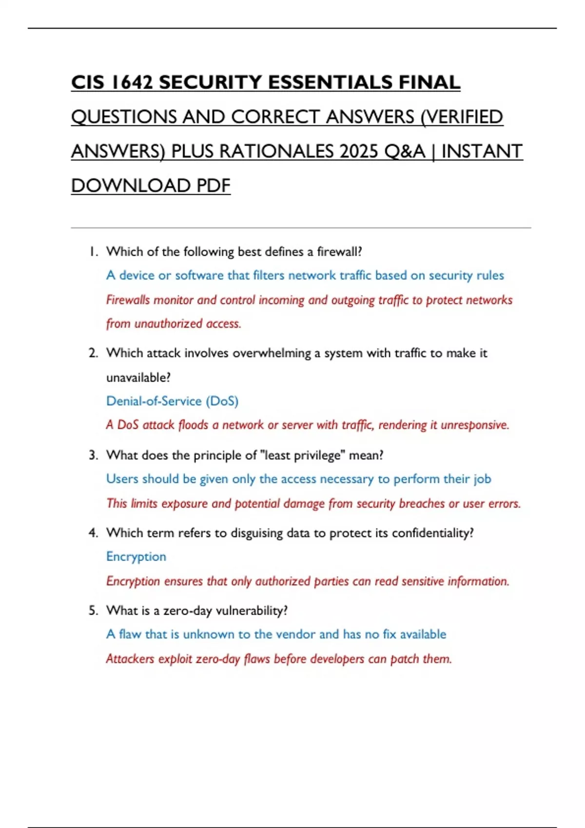 CIS 1642 SECURITY ESSENTIALS FINAL QUESTIONS AND CORRECT ANSWERS (VERIFIED ANSWERS) PLUS ...