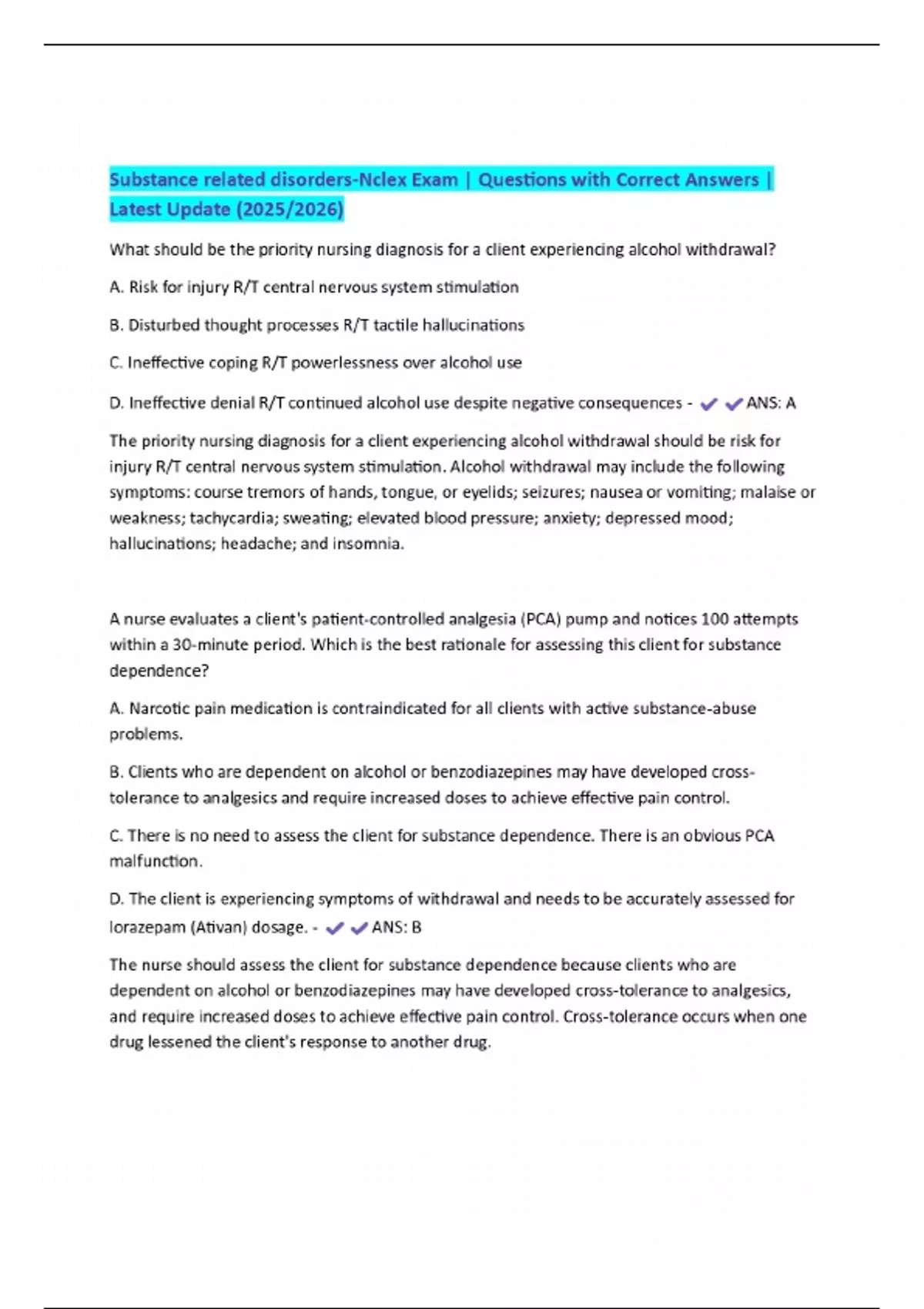 Substance related disorders-Nclex Exam | Questions with Correct Answers ...