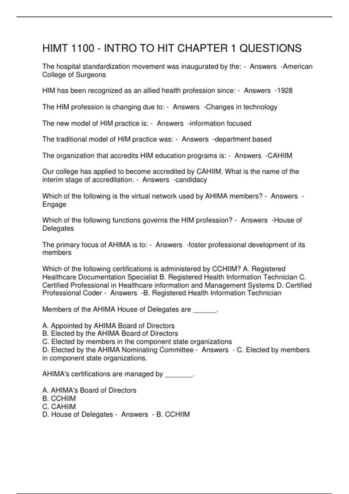 HIMT 1100 - INTRO TO HIT CHAPTER 1 QUESTIONS - HIMT 1100 - Stuvia US